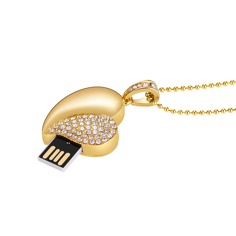 GARRULAX USB Flash Drive, Diamond Heart 8GB / 16GB / 32GB USB2.0 Waterproof USB Memory Stick Date Storage Pendrive Thumb Drives (32GB, Gold Heart)