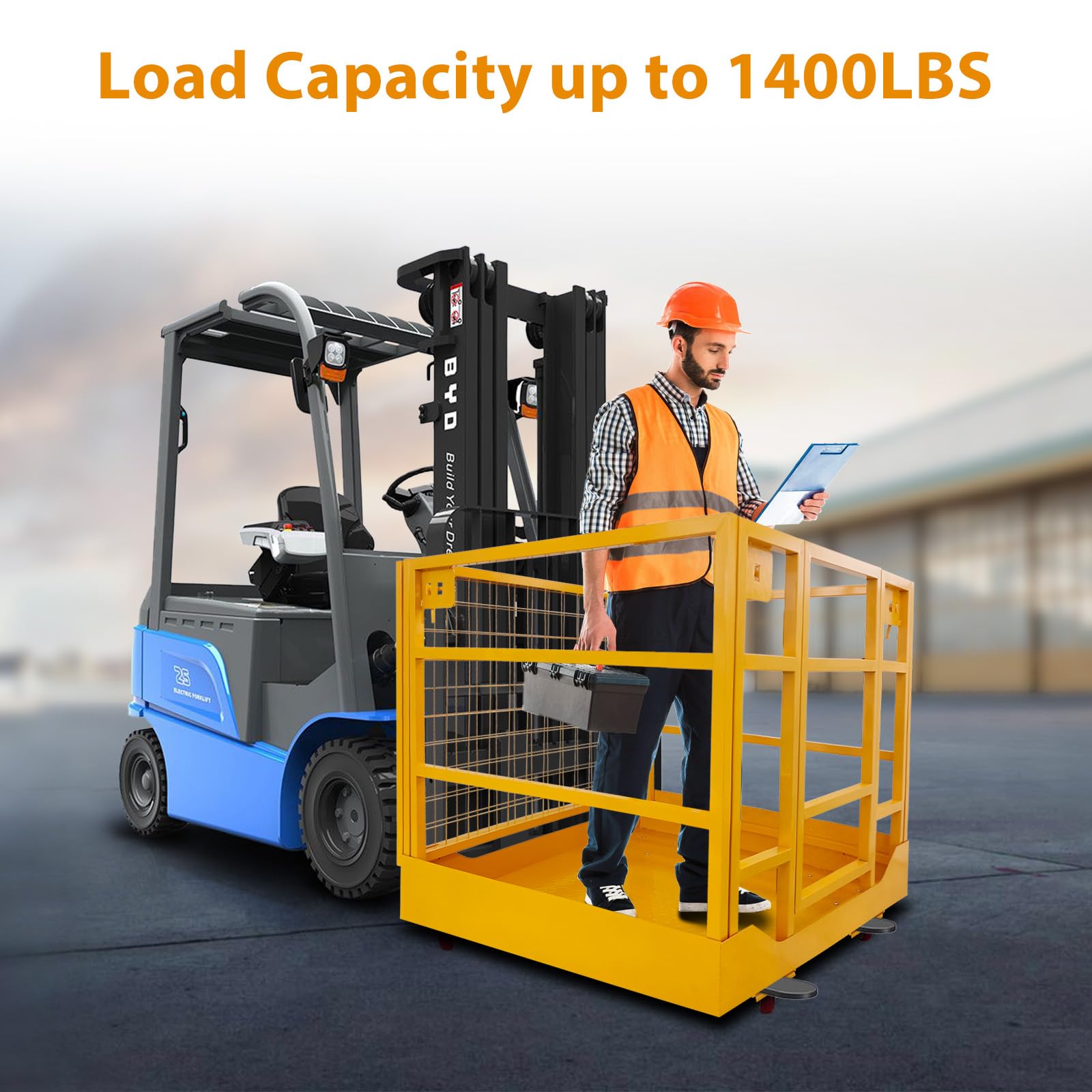 Forklift Safety Cage, 43" x 45" Forklift Basket with Wheel, 1400 lbs Capacity Folding Forklift Work Platform with with Safety Harness, Collapsible Aerial Platform for Lifting Loader