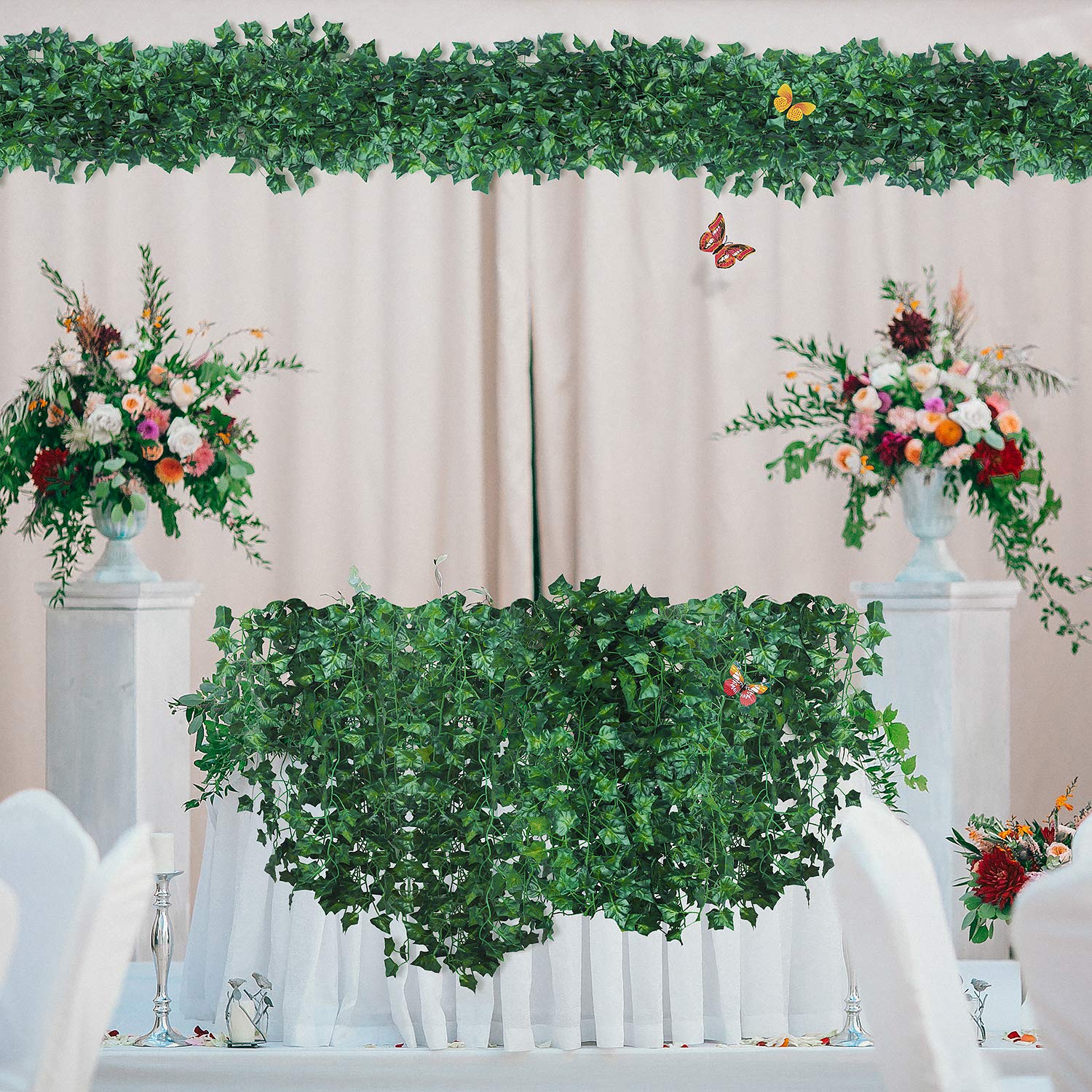 GPARK 24Pack/Each 82" Artificial Ivy Garland Fake Leaf Plants Vine with 12Pack 45" Artificial Wisteria for Wedding Party Home Garden Kitchen Office Outdoor Greenery Wall Décor