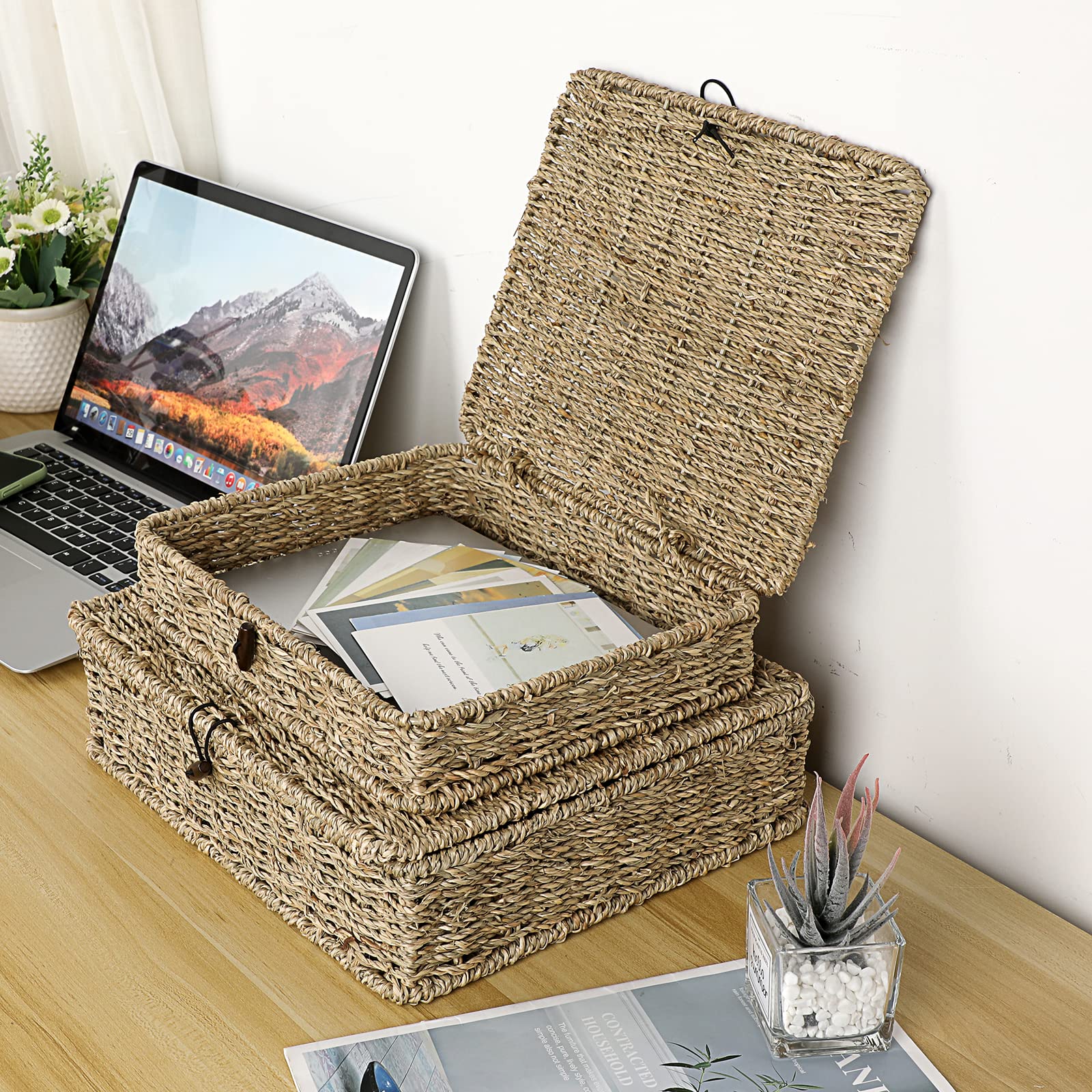 Hipiwe Set of 2 Flat Wicker Baskets Bins with Lid Handwoven Seagrass Storage Baskets Box Multipurpose Shelf Basket Bin Home Organizer Basket for Shelf Closet