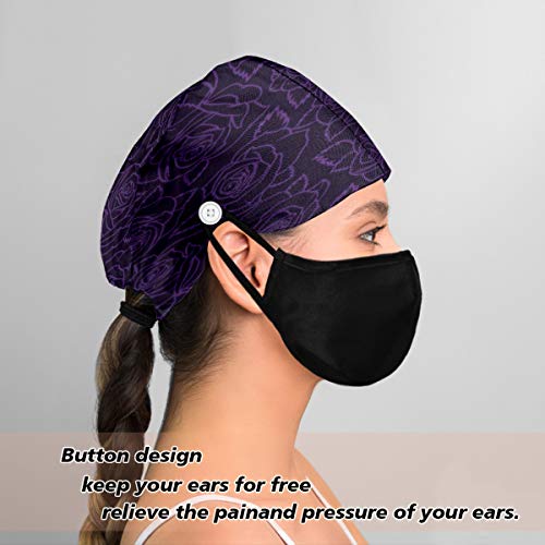 Gourd-Shaped Working Caps with Upgrade Sweatband Adjustable Hats Working Cap with Button Purple Vintage Rose Unisex Head Cover