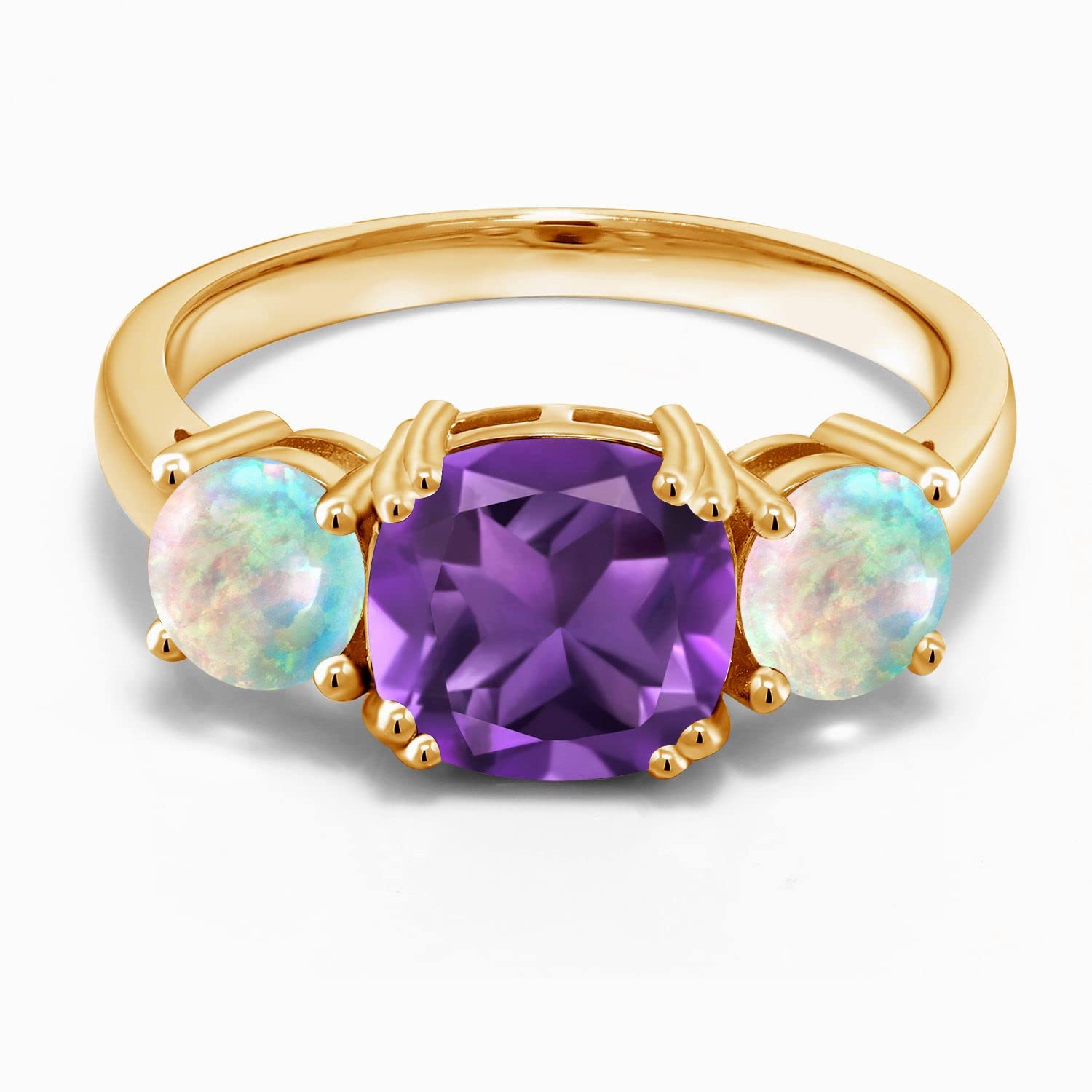 Gem Stone King 18K Yellow Gold Plated Silver Purple Amethyst and Simulated White Opal 3 Stone Engagement Ring For Women (3.10 Cttw, Gemstone February Birthstone, Cushion 8MM, Size 9)