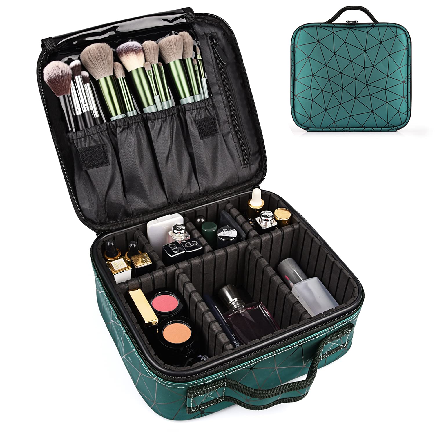 Garsumiss Travel Makeup Train Case Professional Cosmetic Bag Organizer Portable Artist Storage Make Up Compartments Tool Box Vanity for Brushes Toiletry Jewelry,Diamond Shape Pattern(Green)