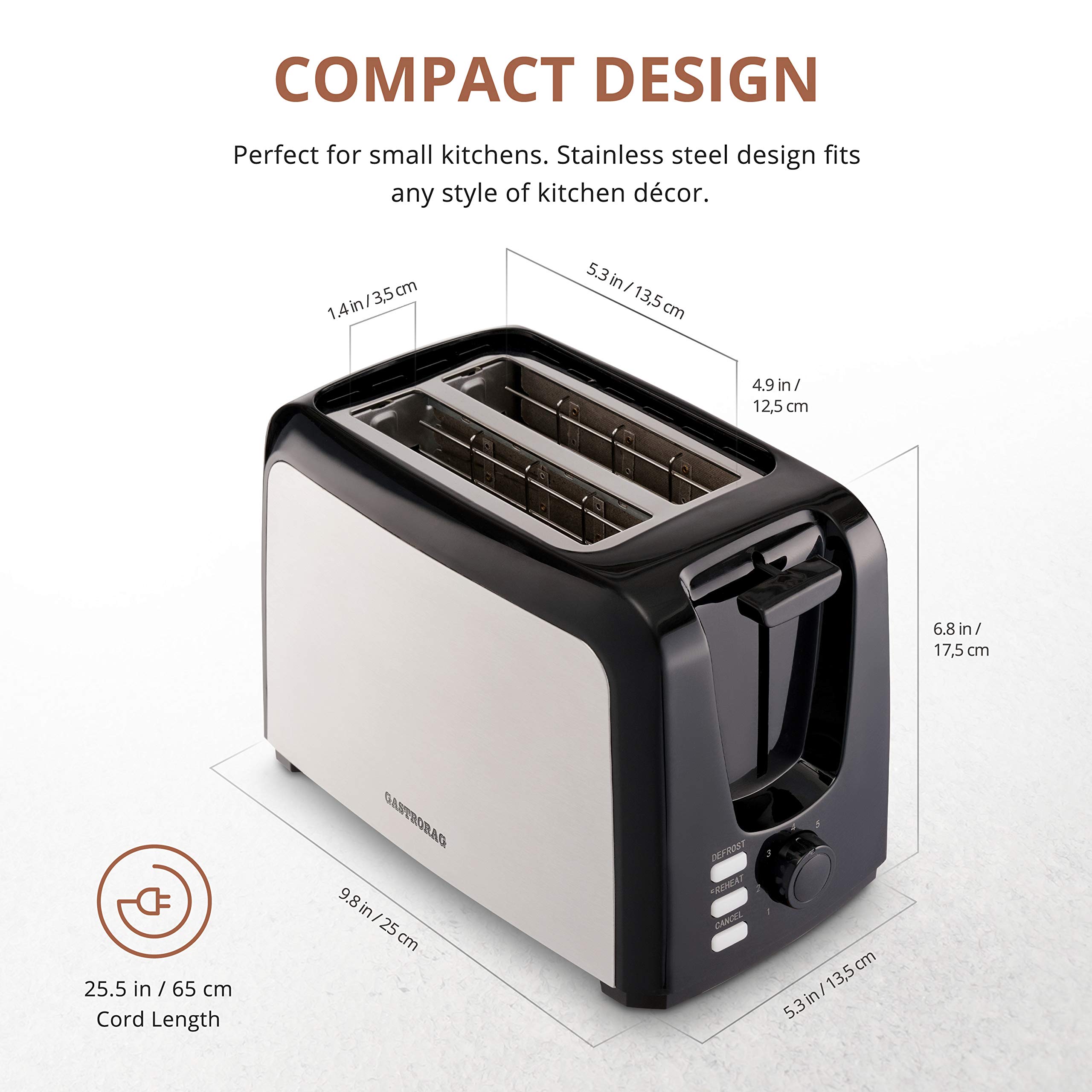 Gastrorag 2 Slice Toaster – Wide Slot Stainless Steel Toaster with 7 Bread Shade Settings, Reheat/Defrost/Cancel Functions, Removable Crumb Tray, Cool Touch & Easy Clean, Black/Silver
