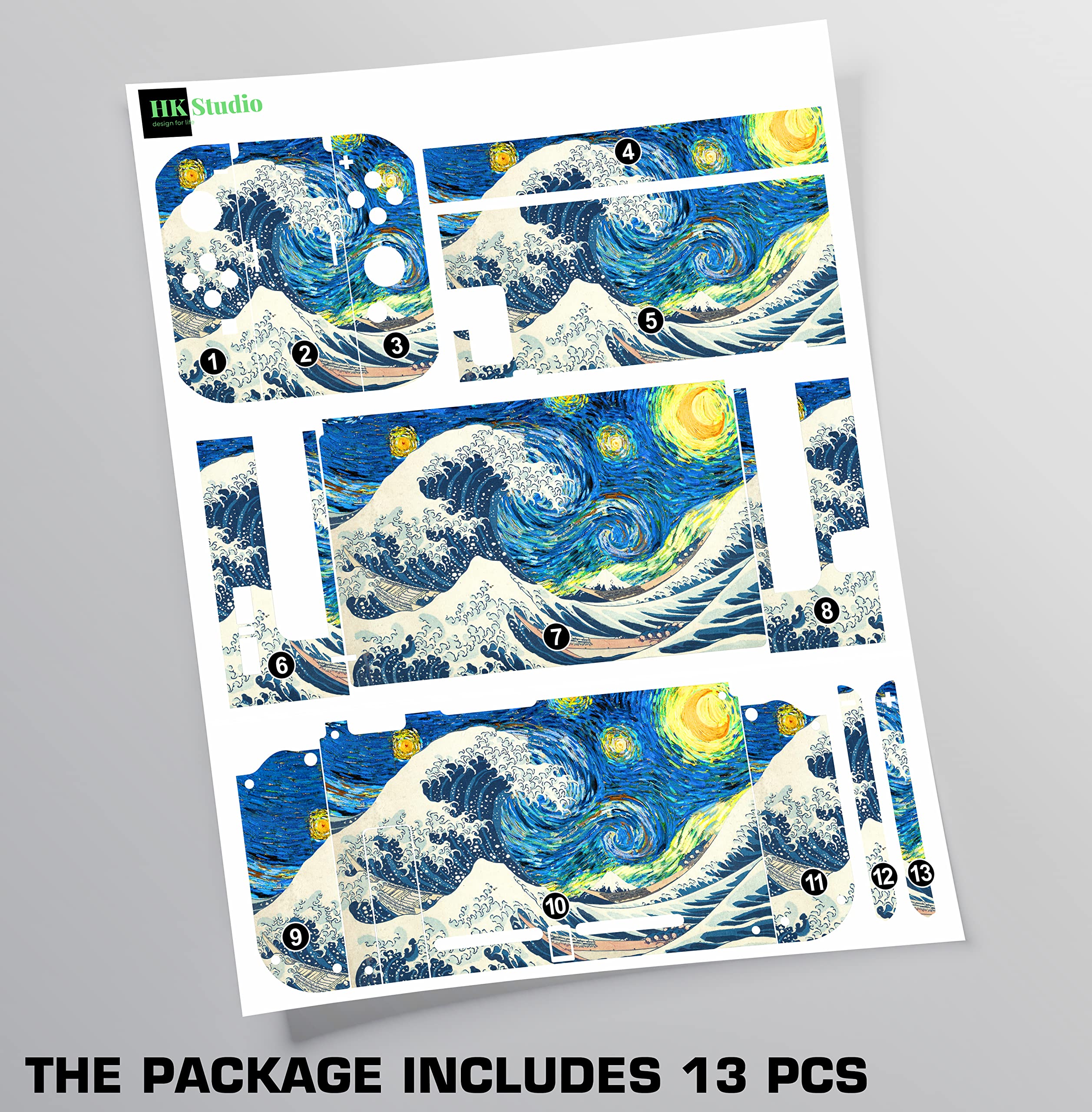 HK Studio Game Console Switch Skins - Japan Wave Game Console Switch Stickers with No Bubble, Waterproof - Game Console Switch Wrap Skin - Including Skin for Joy-Cons, Dock, Grip and Console