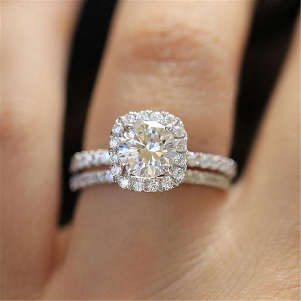 Gixaxak 18K White Gold Plated Sterling Silver Princess Cut Bridal Set Engagement Wedding Ring Bands with Cubic Zirconia 8