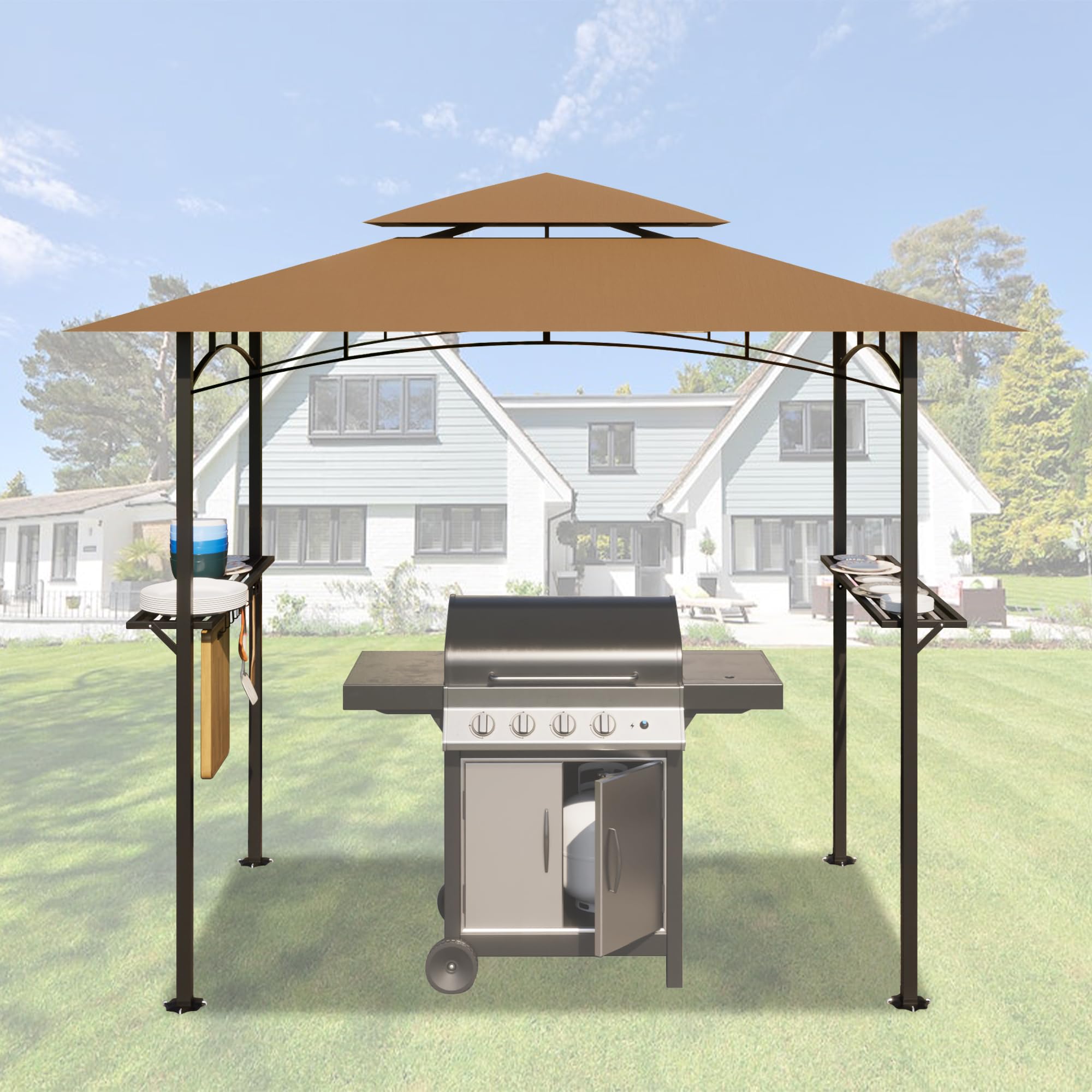 Grill Gazebo,8 x 5 FT Grill Pergola Tent with Air Vent Double Tiered BBQ Gazebo Outdoor Barbecue Canopy