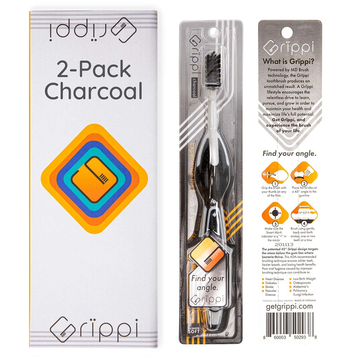 Grïppi Charcoal Manual Toothbrush | Advanced Plaque Control. 45° Ergonomic- Smart Grip, W-Cut Extra-Soft Bristles. (MD Brush Technology for The ADA Approved Brushing Method), 2-Pack
