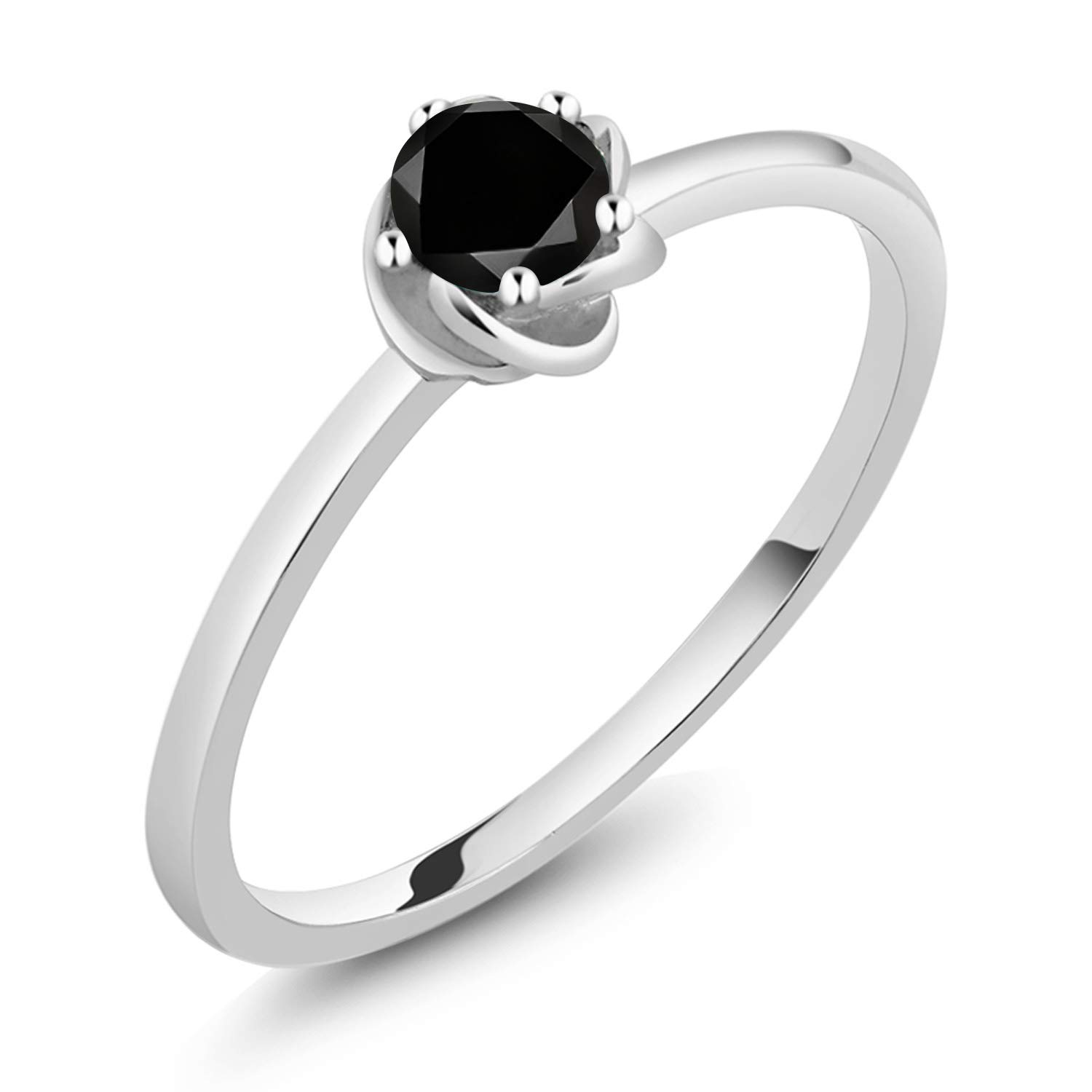Gem Stone King 10K White Gold Black Diamond Solitaire Engagement Ring For Women (0.17 Cttw, Round Cut 3.5MM, Available In Size 5,6,7,8,9)