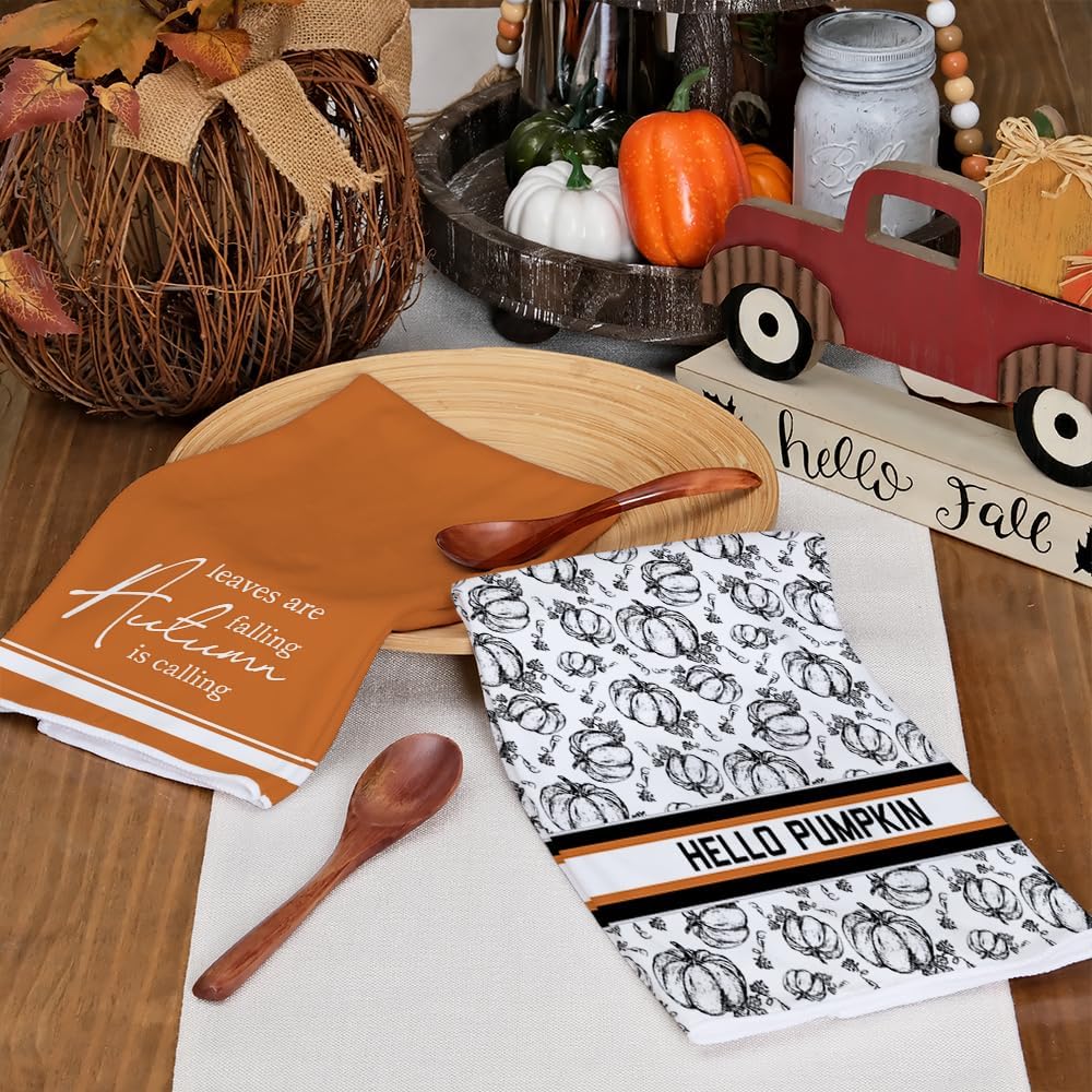 GEEORY Fall Kitchen Dish Towels Set of 2 for Fall Decor,Hello Black Printed Stripes Pumpkin 18x26 Inch Drying Dishcloth,Farmhouse Home Decoration GD117