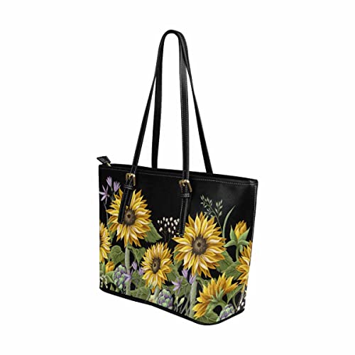 InterestPrint Border with Sun-Flower Bouquet Halloween Women Totes Top Handle HandBags PU Leather Purse
