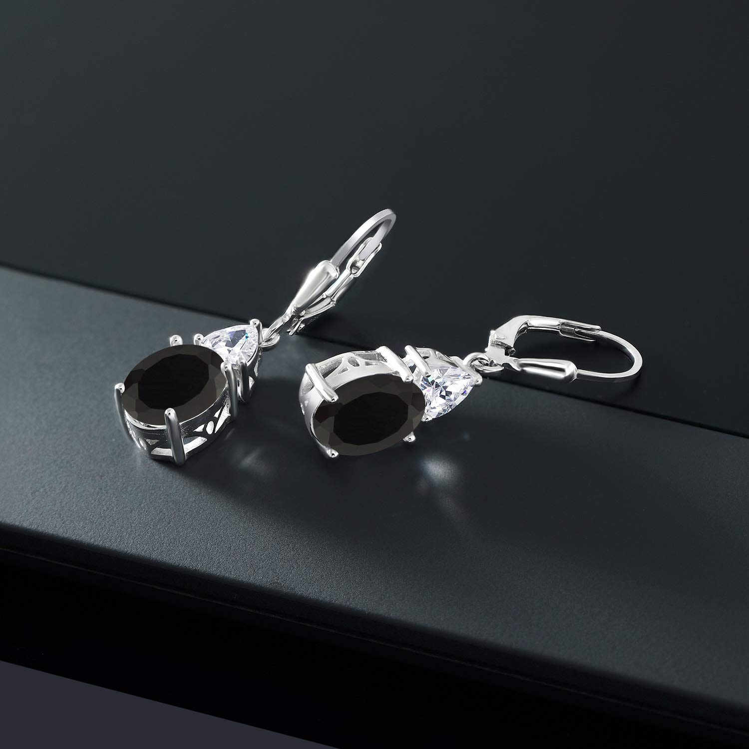 Gem Stone King 925 Sterling Silver Black Onyx and White Zirconia Dangle Earrings For Women (5.00 Cttw, Gemstone December Birthstone, Oval 10X8MM, Trillion 5MM)