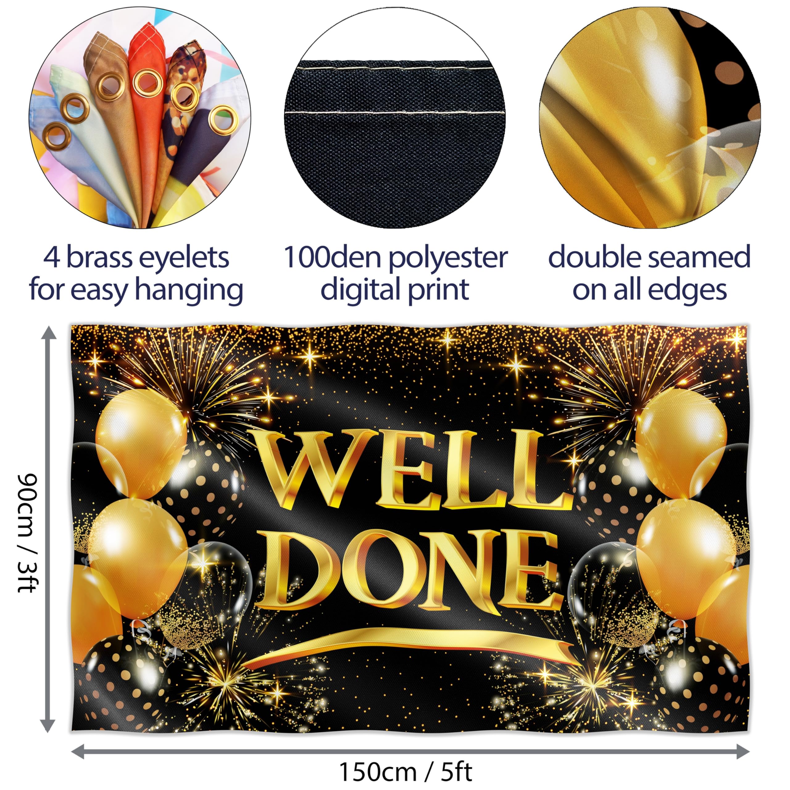 Well Done Banner - Congratulations Banner - Congratulations Decorations - Congrats Banner - We are so Proud of You Banner - Graduation Banner - Graduation Decorations - 5ft x 3ft (Black & Gold)