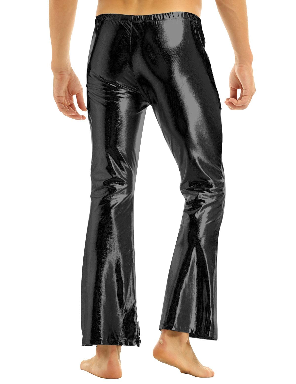 Hedmy Men's Shiny Faux Leather Disco Trousers Bell Bottoms Flared Long Pants Motorcycle Leggings Black Large