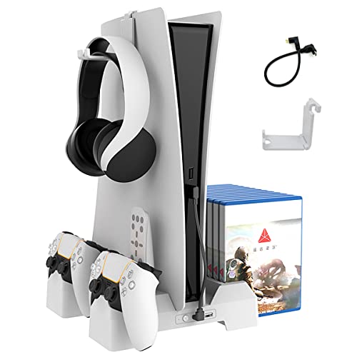 Geliebt Lynn PS5 Accessories - PS5 Stand with Cooling Fan and Dual Controller Charger Station, PS5 Headset Holder, 12 Game Slots, PS5 Disc & Digital Editions, White