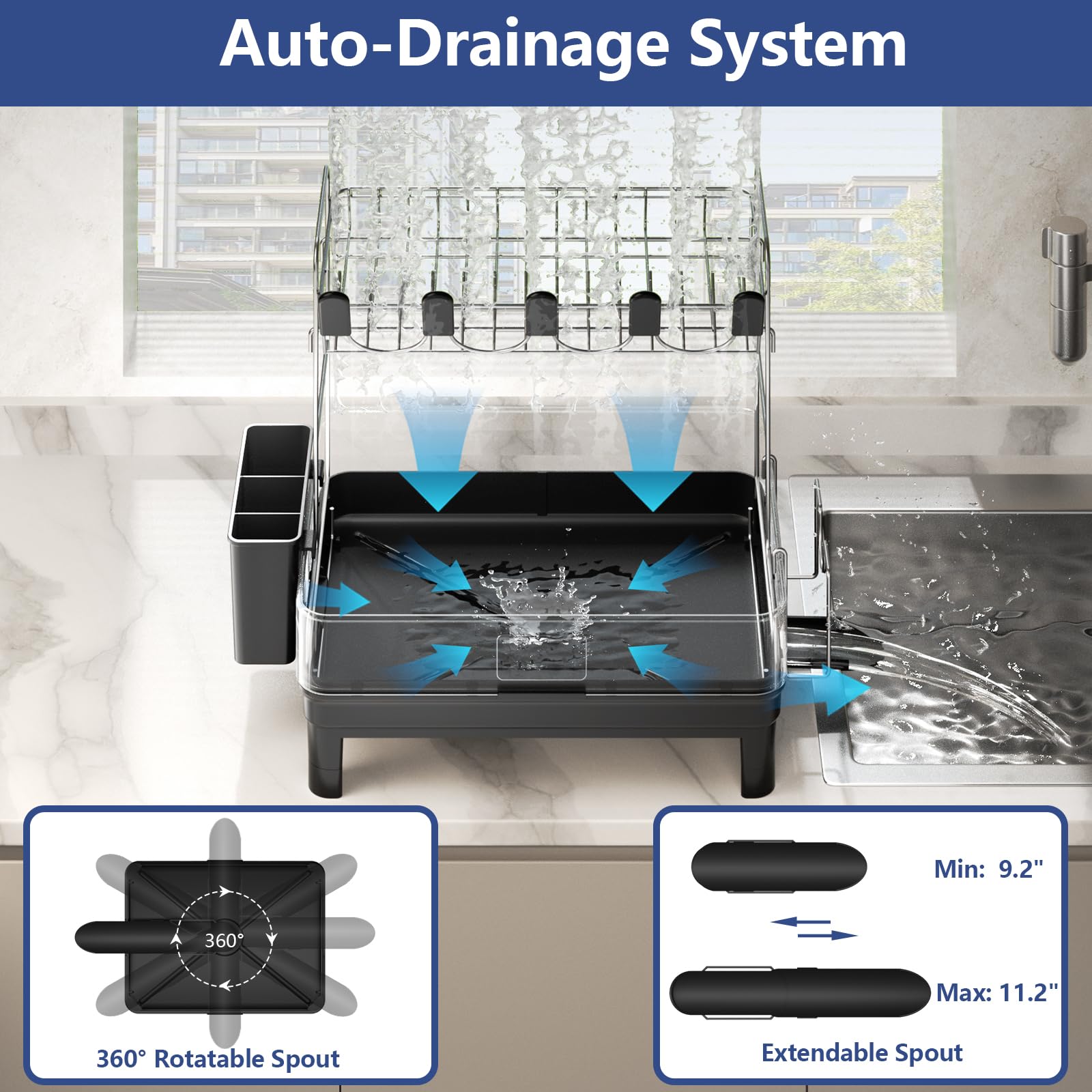 Gxpxlx 2 Tier Dish Drying Rack, 304 Stainless Steel Drying Dishwashing Rack with 360° Rotating Spout, Auto-Drain Dish Drainers with Drainboard, Utensil Holder, Large Dishrack for Kitchen Counter