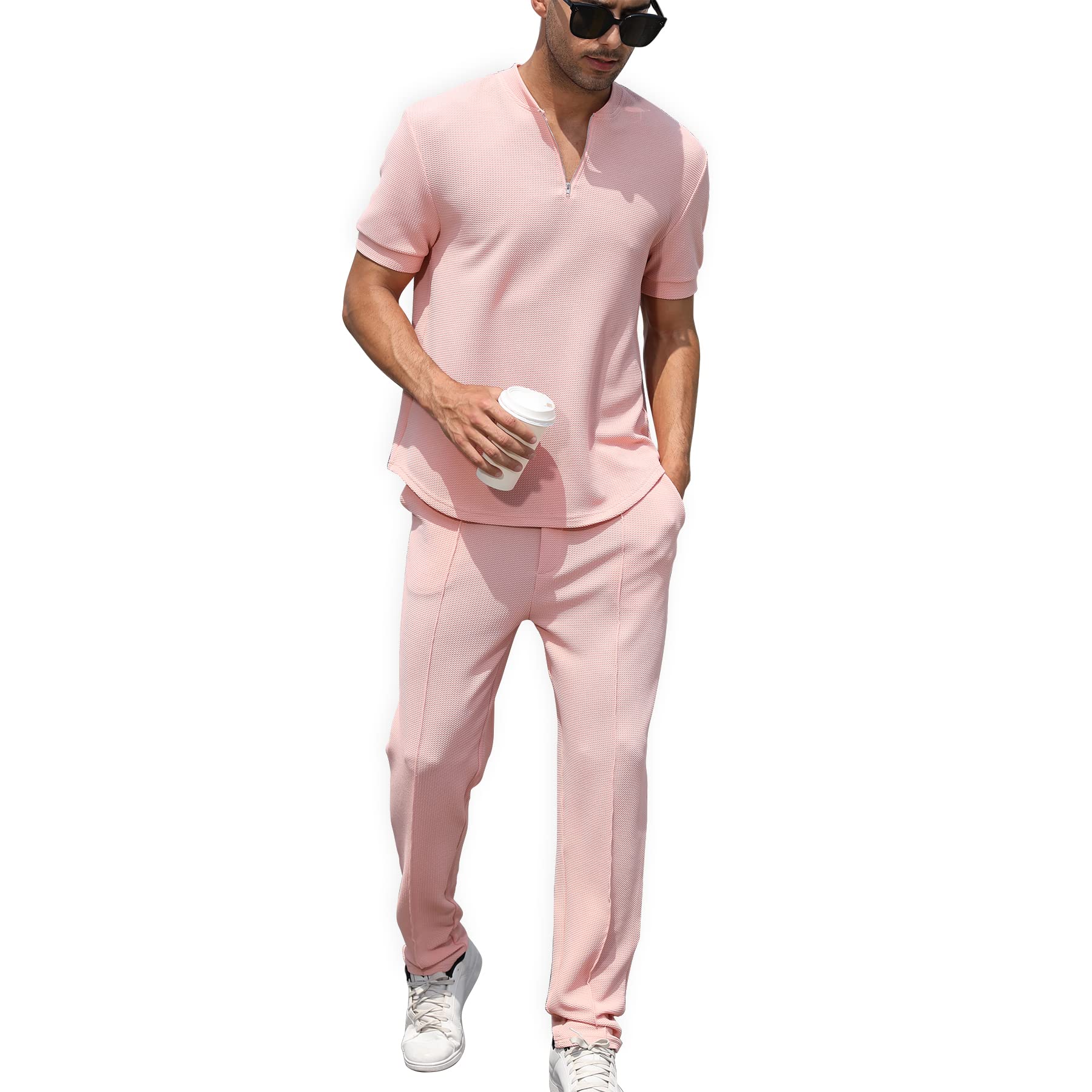 FZNHQL 2023 Men's Sports Clothing Casual Tracksuit Set 2 Piece Outfits Polo Shirt Athletic Pants Track Suit for Men Fashion Sweatsuit Set Pink XL