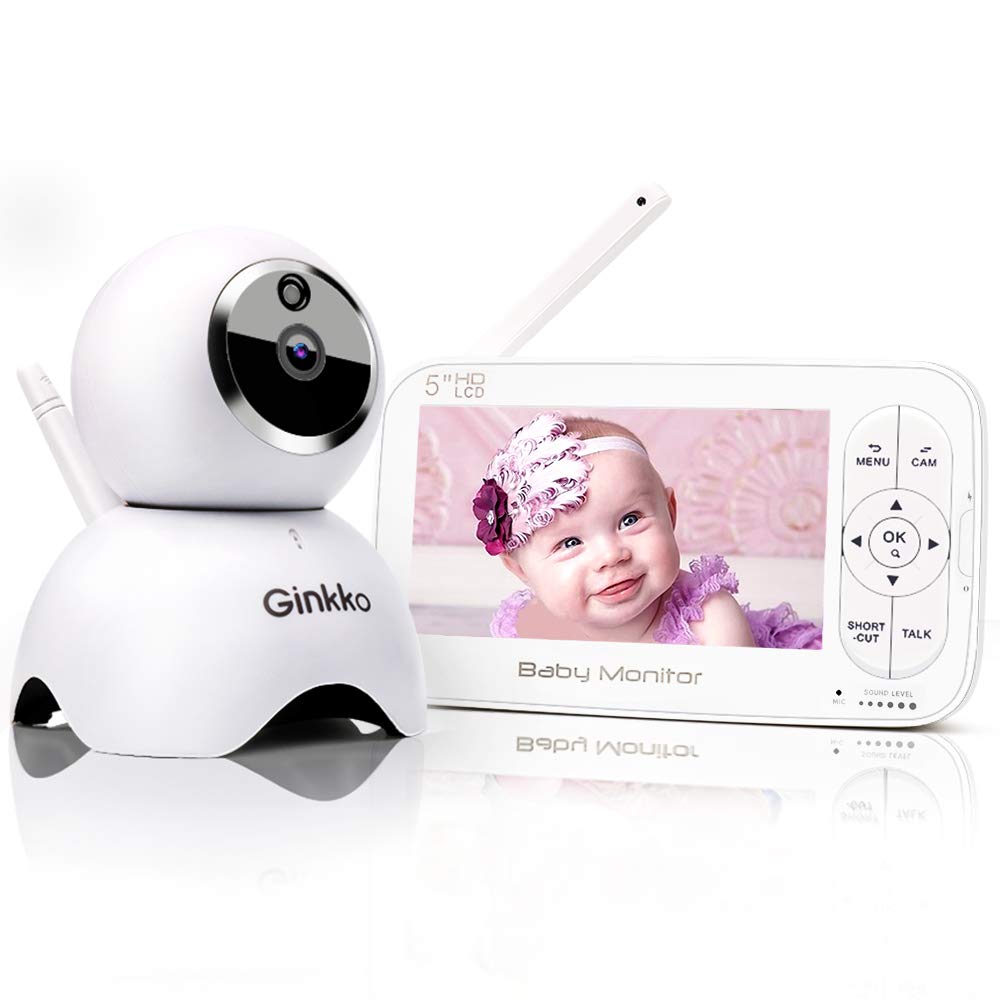 Ginkko Baby Monitor, 5" HD LCD,720P HD Digtal Color Video,Support 4 Camera with 110° Wide Angle,1000ft Range,Night Vision,Sound Detection,Temperature Alarm,Two-Way Audio,Sleep Mode,Feeding