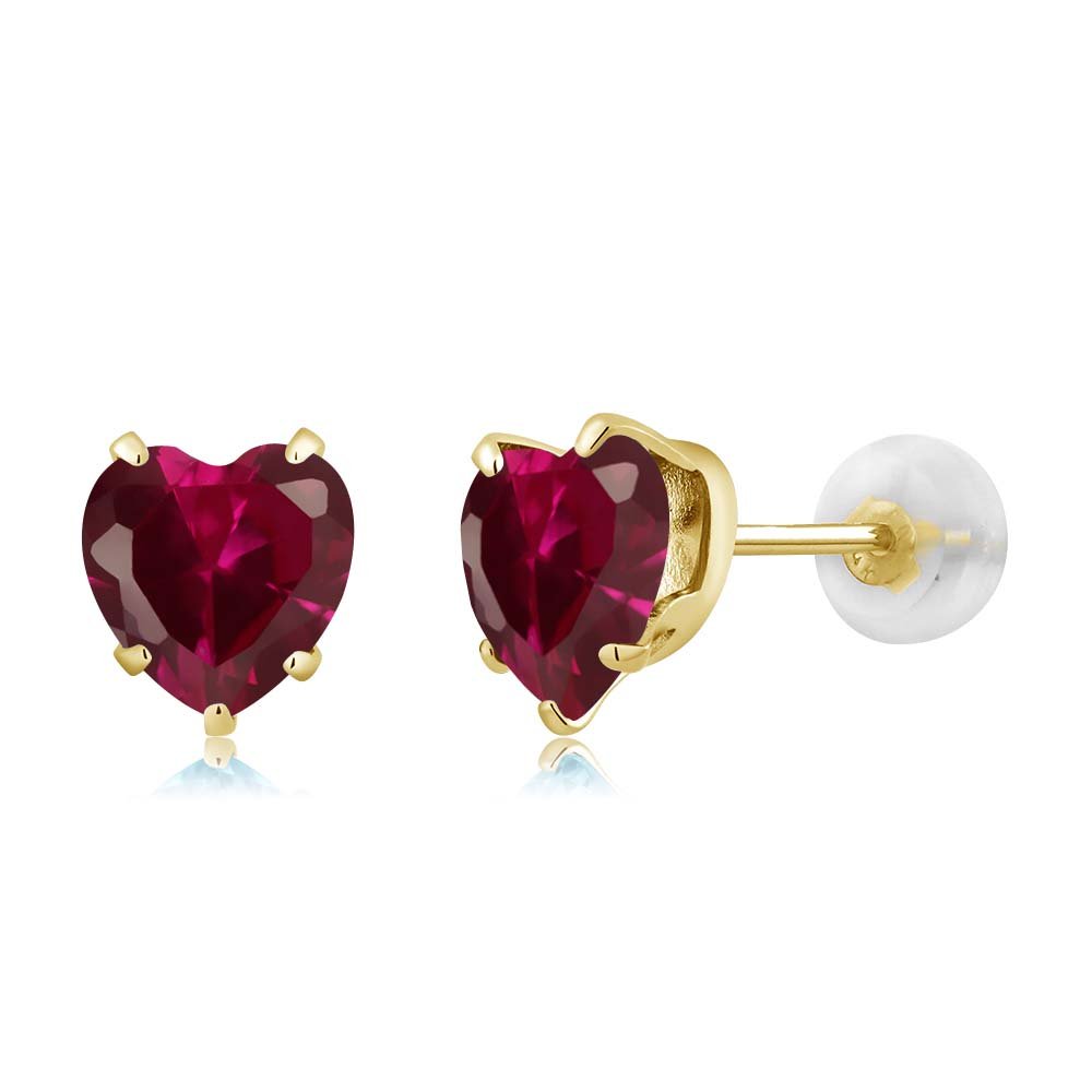 Gem Stone King 10K Yellow Gold Red Created Ruby Stud Earrings For Women (1.92 Cttw, Heart Shape 6MM)