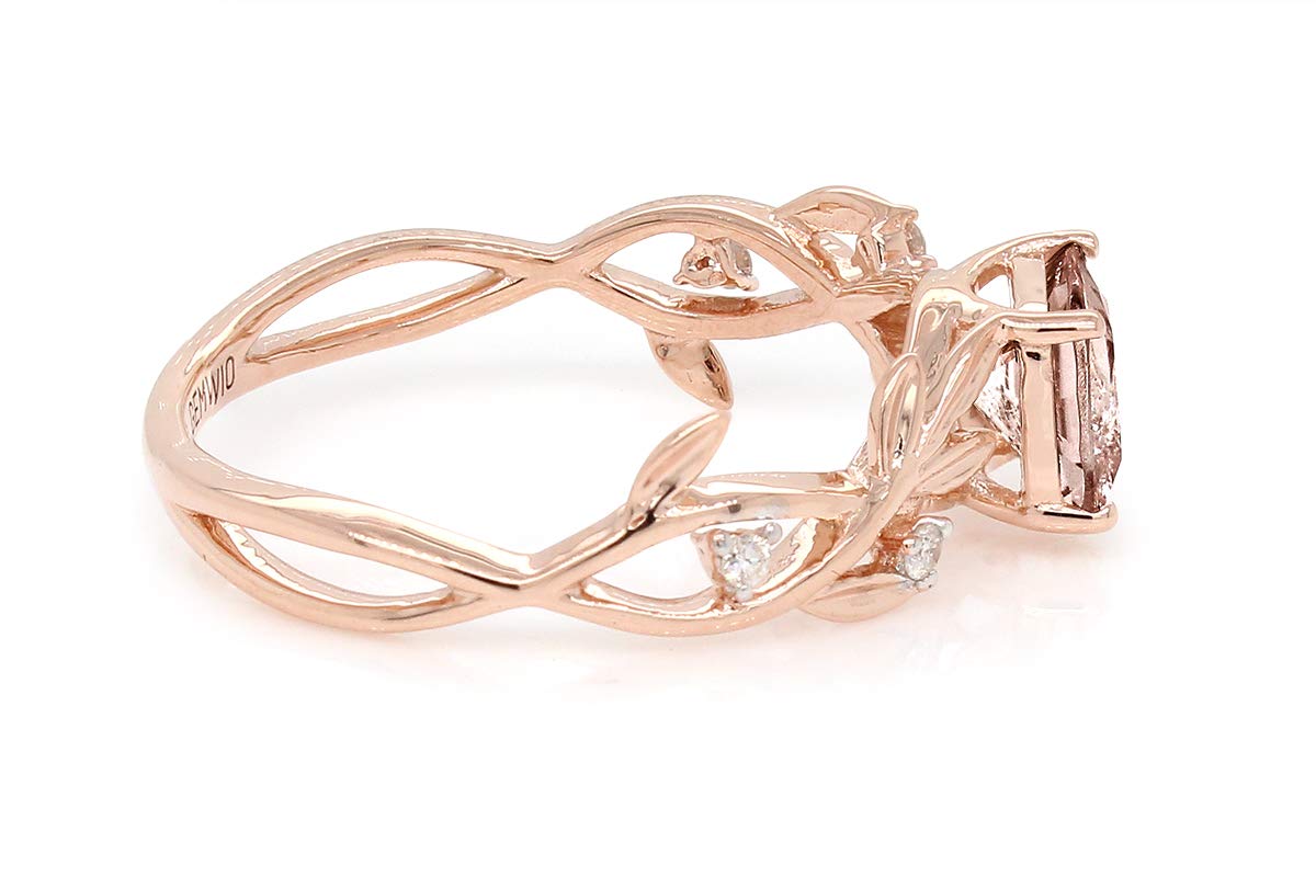 GEMVIO Collection Cushion Cut 6MM Morganite Solitaire Gemstone & Diamond Accent Vine Leaf in 14k Rose Gold Over Sterling Silver Engagement Promise Statement Wedding Ring(0.83Cttw) Size-7