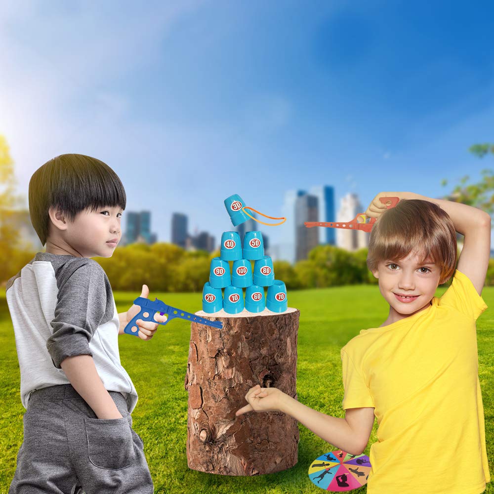 Gamie Shooting Competition Game for Kids - Includes 3 Toy Guns, 100 Rubber Bands, 10 Cups, Game Turntable, Score Stickers and Instructions - Fun Target Practice Game for Boys & Girls