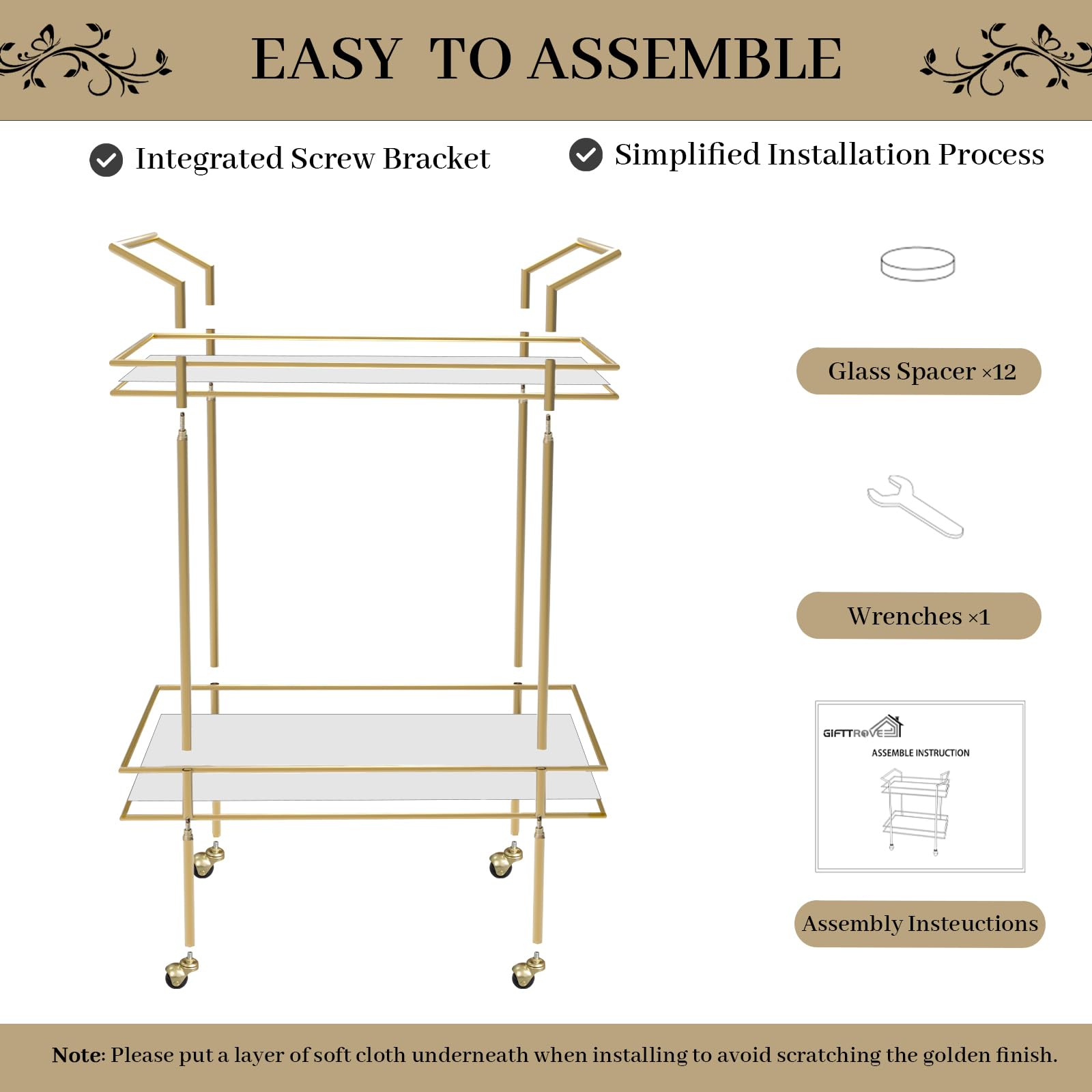 GIFTTROVE Gold Bar Cart for Home, 2 Tier Bar Serving Cart, Rectangular Rolling Bar Cart with 2 Mirrored Shelves, Wine Cart Stand for Kitchen, Living Room