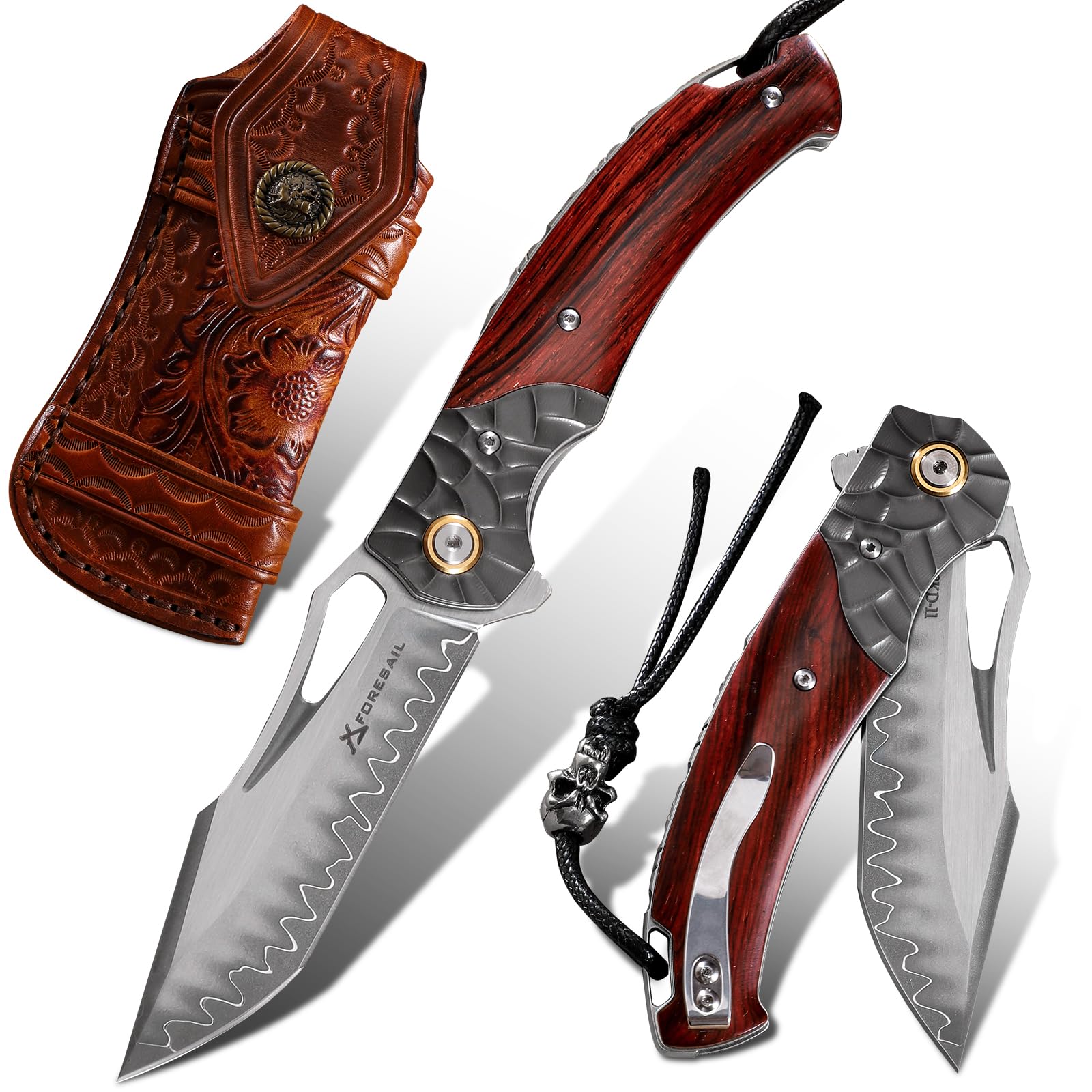 FORESAIL Flipper Folding Pocket Knife,SKD11 Steel Blade and Wood Handle. With leather case,men's Tactical pocket knife hiking trip EDC tool Knife. (Rosewood Handle)