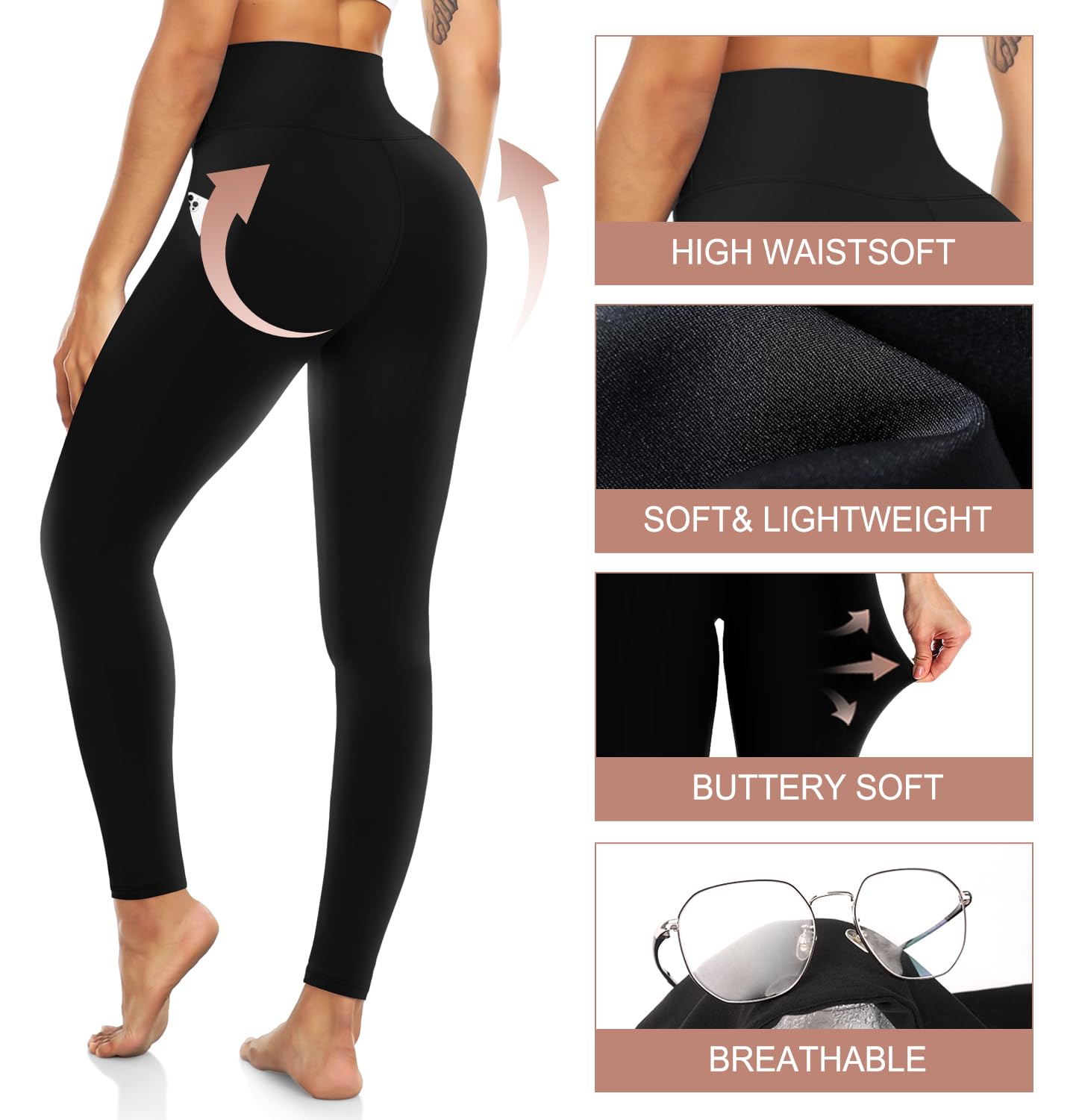 High Waisted Leggings for Women No See-Through-Soft Athletic Tummy Control Black Pants for Running Yoga Workout
