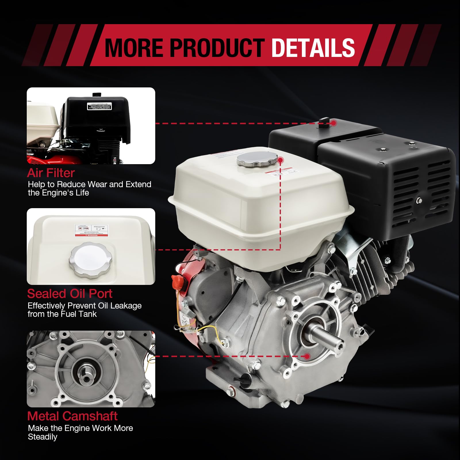Gas Engine, 420CC 15 HP 4 Stroke Gasoline Engine OHV Horizontal Go Kart Motor Single Cylinder Air Cooling Gas Go Kart Engine FIT for Water Pumps, Vibrators, Generators (4 Stroke 15HP 420cc Red+Black)