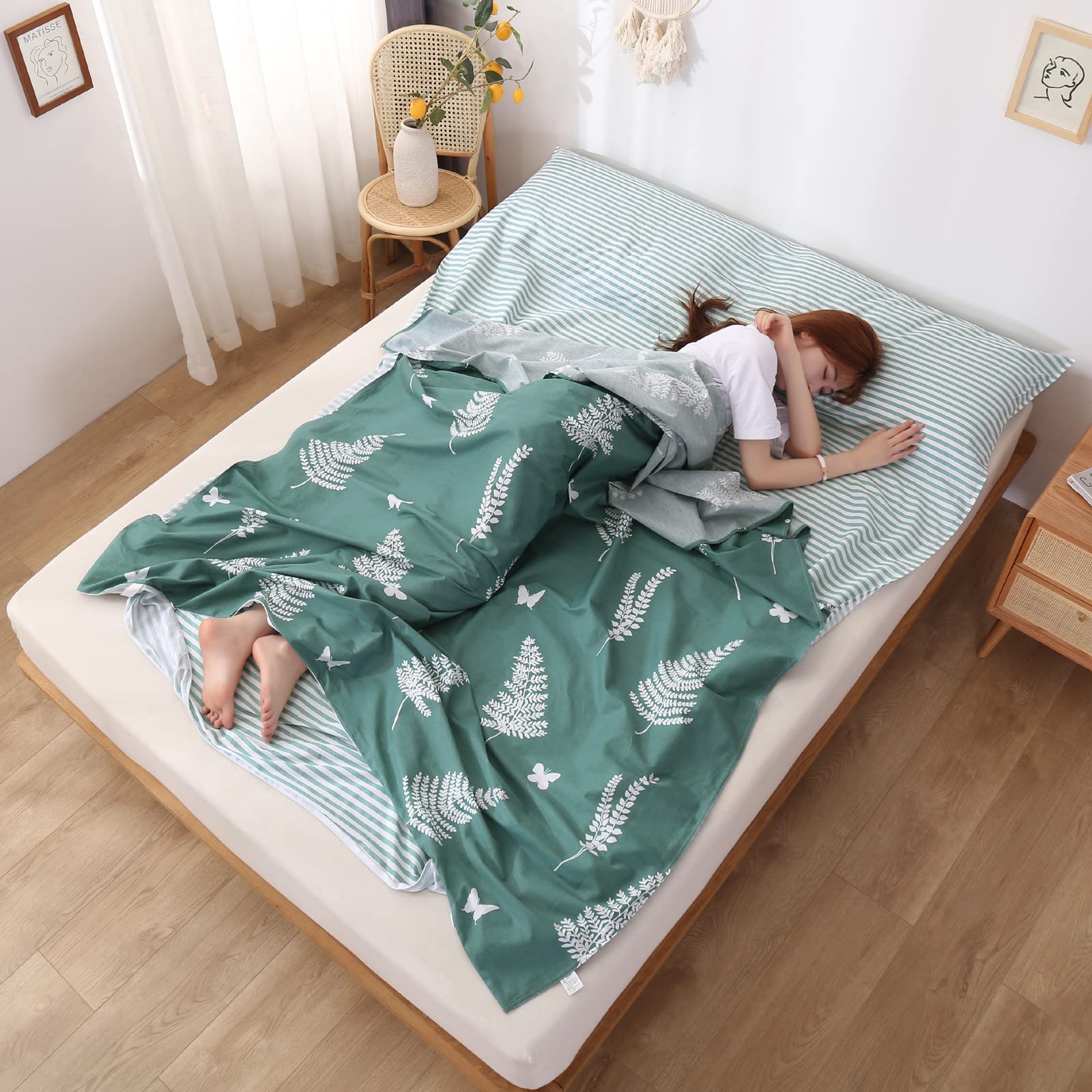 HEHEXIA Cotton Sleeping Bag Liner with Zipper, 100% Cotton Lightweight Compact Sleeping Bag Sack Sheet for Travel Camping Hiking Office (Small, Tree)