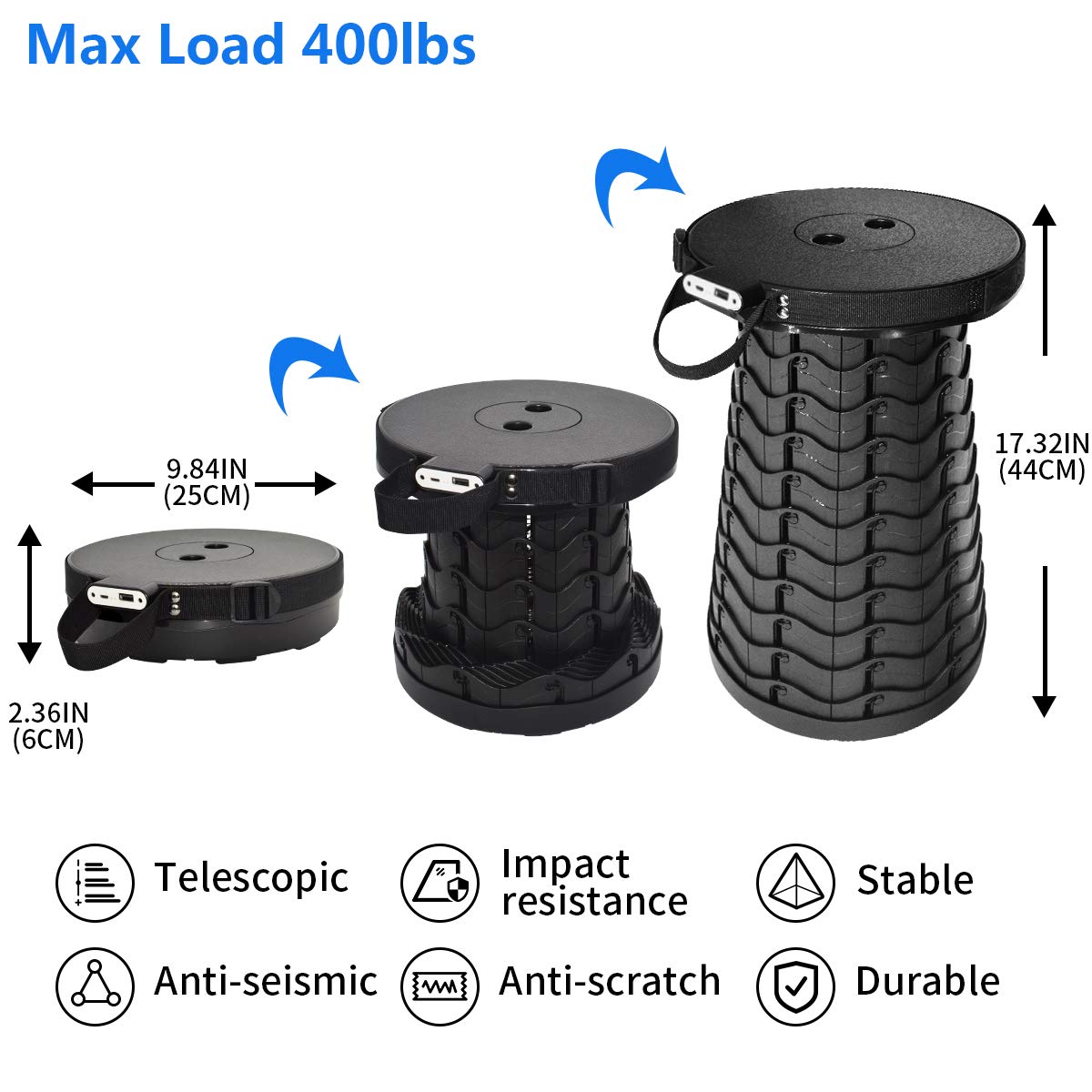 Heibond Upgraded Folding Stool with Power Bank Function, Max Load 400lbs Portable Retractable Stool with Cooling Towel, Survival Bracelet and Carabiner Clip, for Camping/Fishing/Hiking/Traving/BBQ