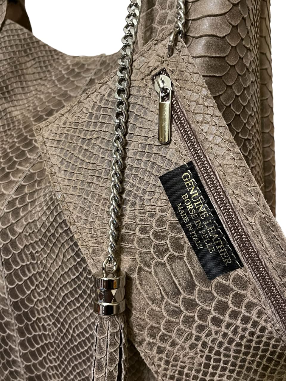 Generico Python Print Bucket Bag in Genuine Leather Made In Italy, Taupe Dove