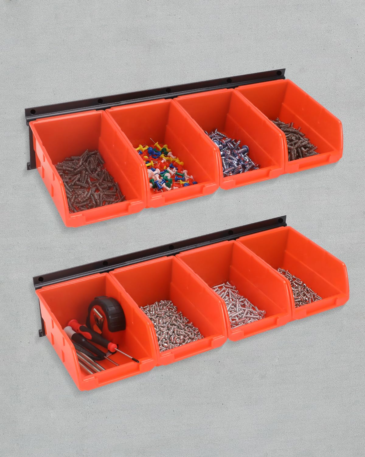 WellMall Wall Mounted Storage Bins - 8 Piece Bins & 2 Steel Rails Plastic Garage Tool Storage for Screw Organizer & Small Parts Organizer