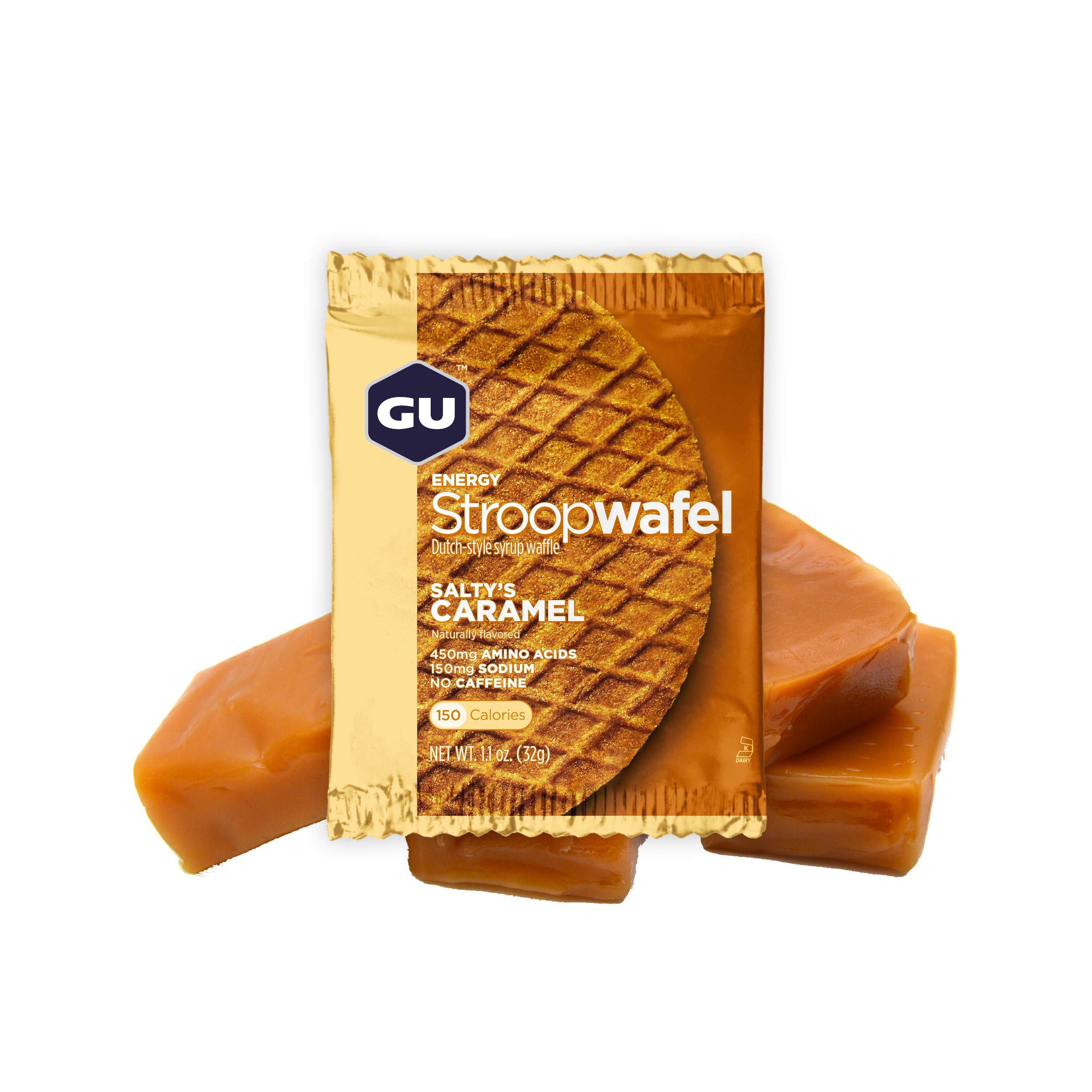 GU Energy Stroopwafel Salty's Caramel Sports Nutrition Waffle, Caffeine-Free, and Kosher dairy, On-the-Go Energy for Any Workout, 16 Count