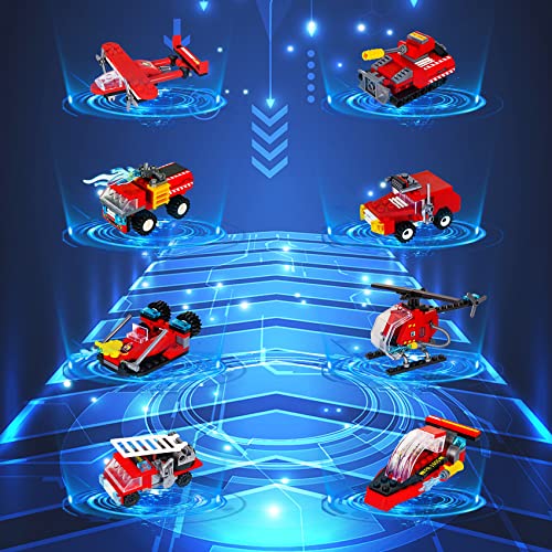Geniteen 8 in 1 City Fire Truck Building Block, 313 PCS Building Kit Fire Helicopter Toys Building Sets