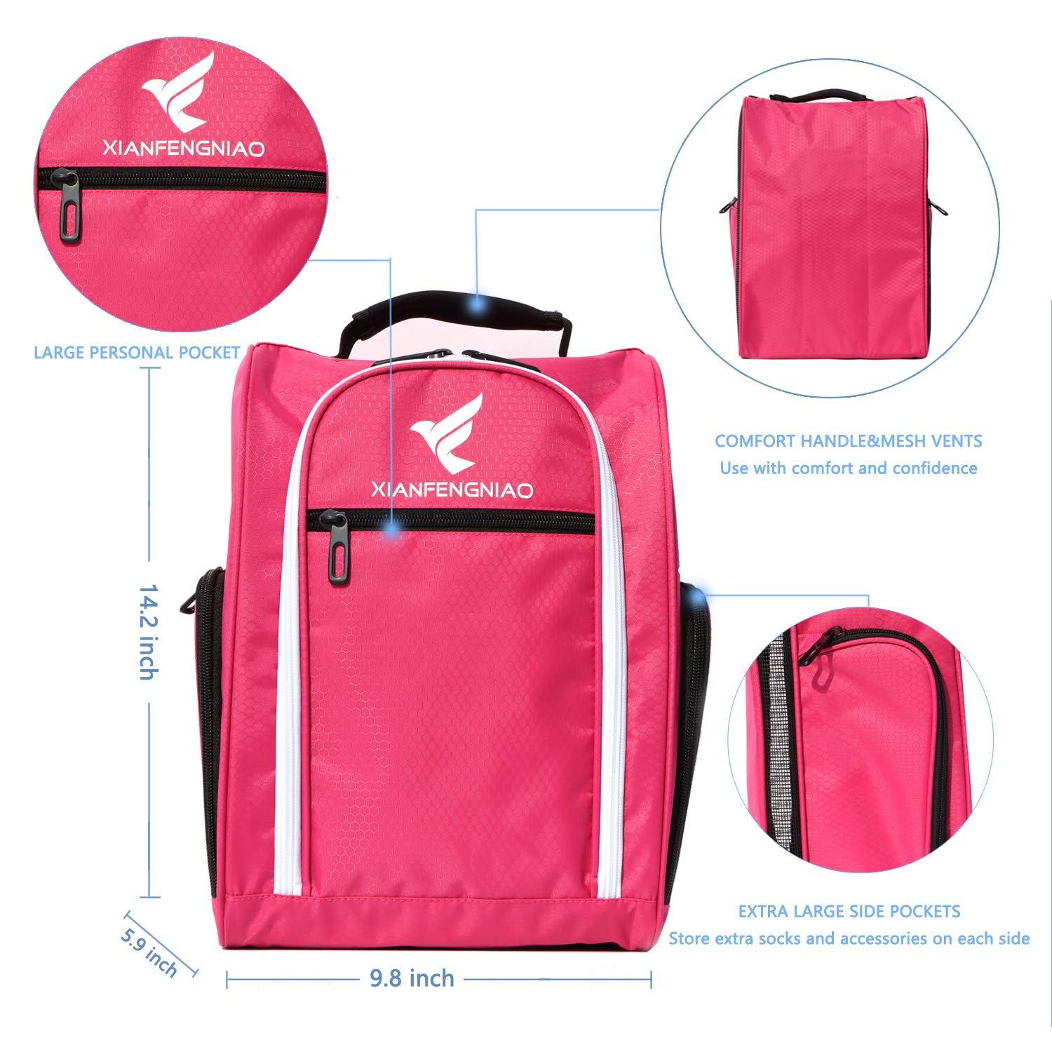 Golf Shoe Bag for Women,Zippered Golf Shoe Carrier Bag with Ventilation and 3 External Pockets for Golf Balls, Golf Glove, Tees and Other Golf Accessories(Red)