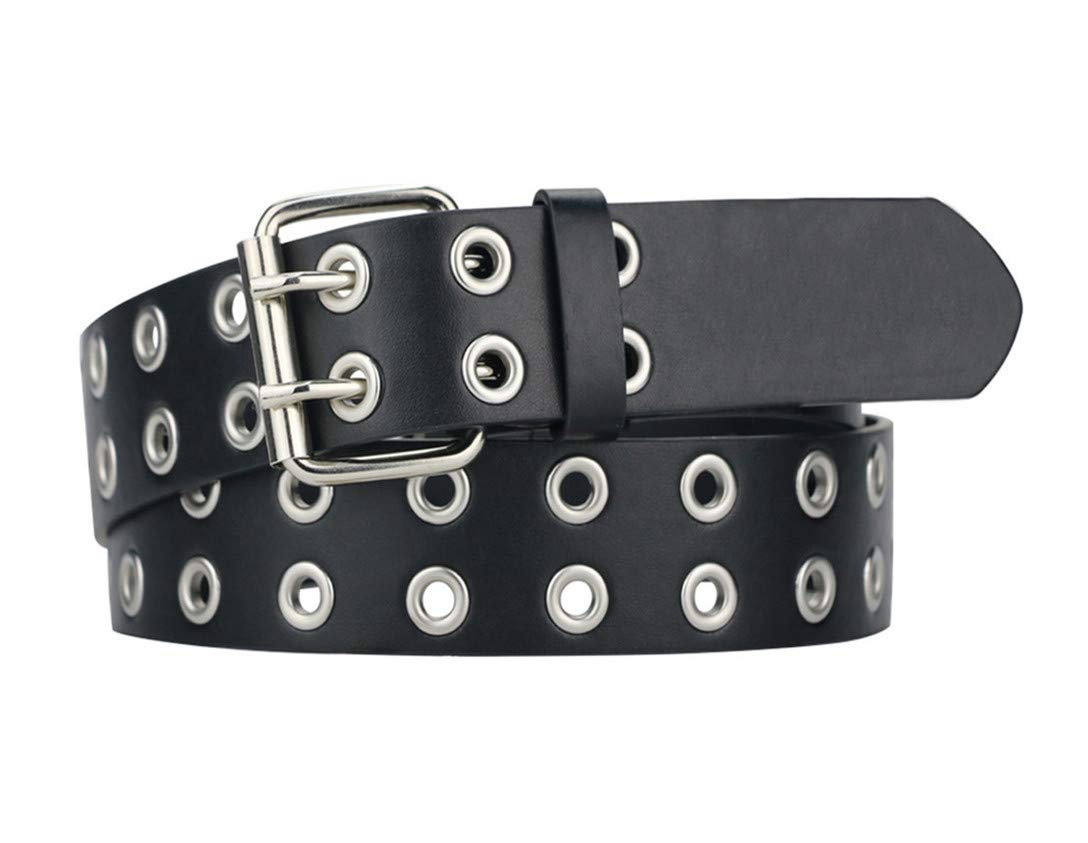 Grommet Leather Belts for Women, Double Prong Buckle Vintage Punk Jeans Belts