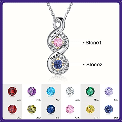 GLAMCARAT Sterling silver personalized infinity necklace,mothers necklace with 2 birthstone customized engraved initial jewelry 2 child names promise necklace