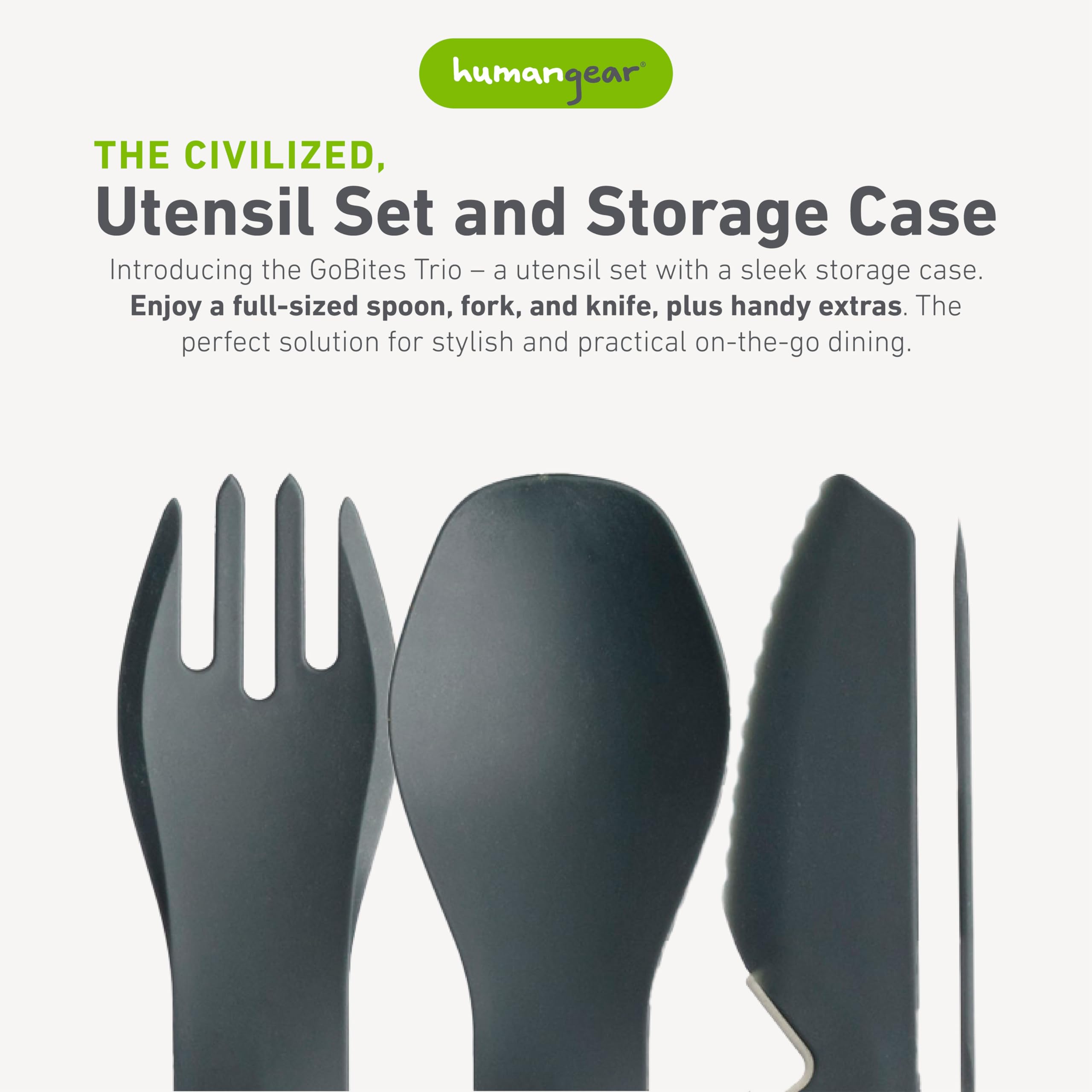humangear GoBites Trio | Travel & Camping Utensils | Portable & Convertible Dining Ware | Multi-Functional Spork & Knife, Gray