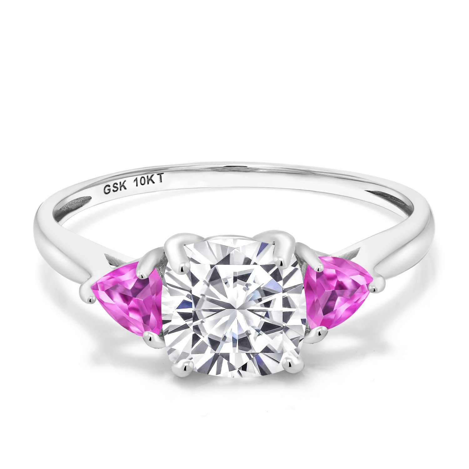 Gem Stone King 10K White Gold White Moissanite and Pink Created Sapphire 3-Stone Engagement Ring For Women (2.30 Cttw, 7MM Cushion and 4MM Trillion, Available In Size 5, 6, 7, 8, 9)
