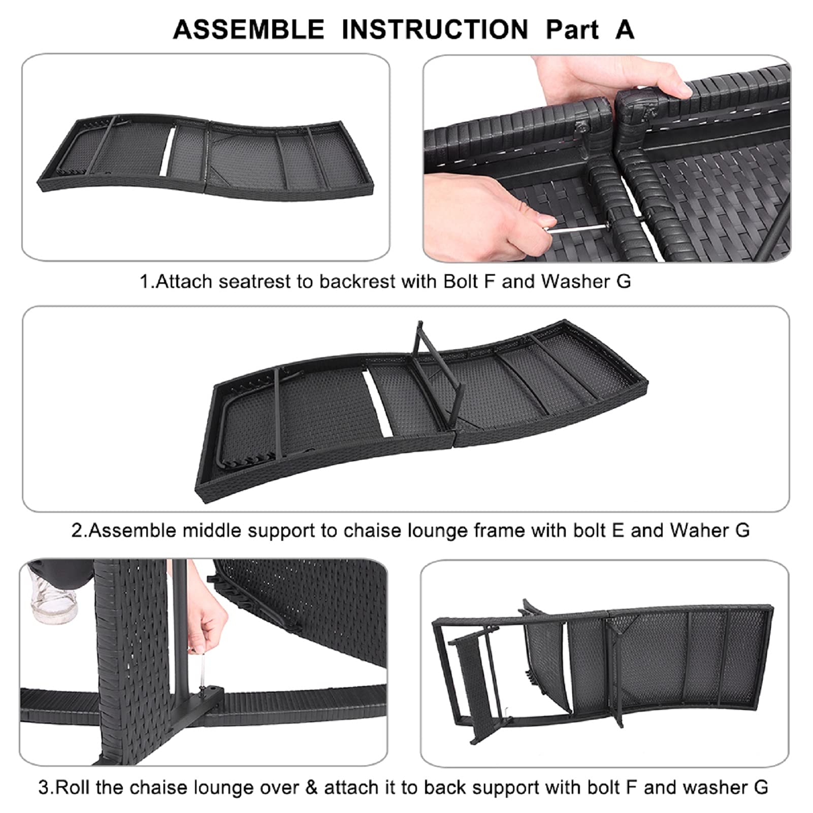 fuhan Outdoor Adjustable Pool Chaise Lounge Chair PE Rattan Wicker Patio Leisure Lounge Chair with Cushion for Beach Garden Backyard 195 * 68 * 33 cm Black Frame
