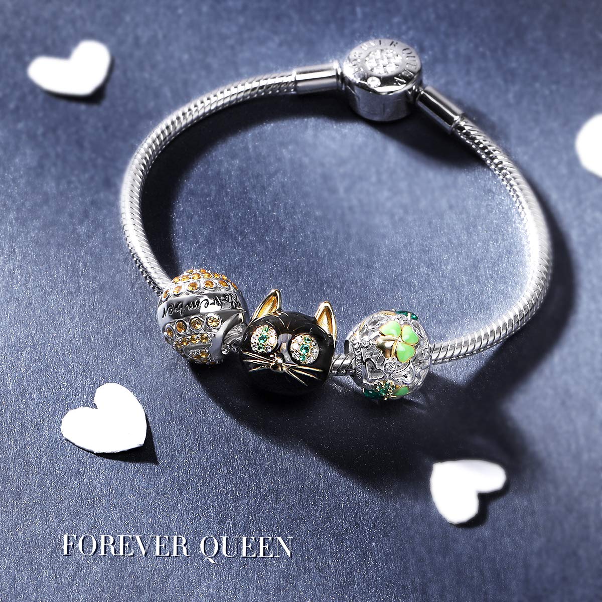 FOREVER QUEEN Lucky Clover Charm Bead 5A Cubic Zirconia 925 Sterling Silver Charms Pendant for Bracelets and Necklace for Women with Elegant Gift Box