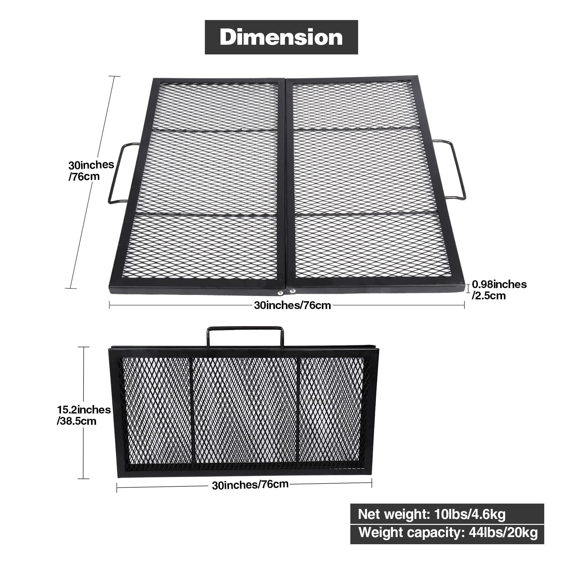 Lineslife Square Fire Pit Cooking Grill Grates, Folding Outdoor Campfire BBQ Grill Rack with Handles, Portable Outside Camping Gear Cookware and Accessory, 30 Inch