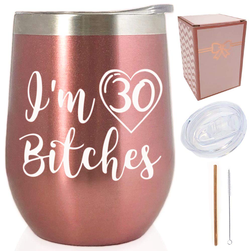 I'm 30 Funny 30th Birthday Gifts for Women/Rose Gold 12 oz Insulated Double Wall Stainless Steel Tumbler/Cup/Mug/Travel Wine Glass w/Lid & Straw/Bday Decorations/Present Ideas for her,Wife,Mom,Sister