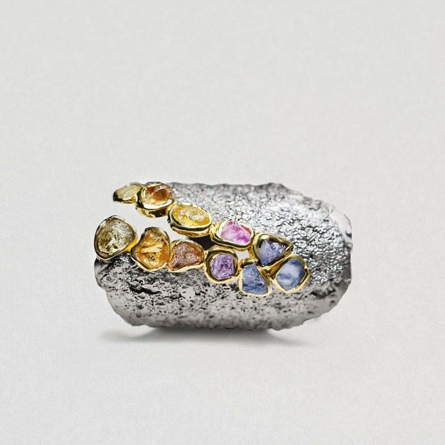 german kabirski 6.5 Carat Rough Sapphire Mixed Multicolor Handmade Ring in 925 Sterling Silver Plated with Gold and Black Rhodium Size 8.5