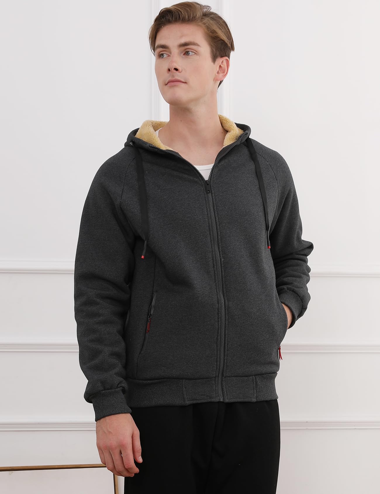 Gihuo Men's Winter Sherpa Lined Hoodie Zip Up Sweatshirt Heavyweight Warm Fleece Jacket with Pockets (Dark Grey, Large)
