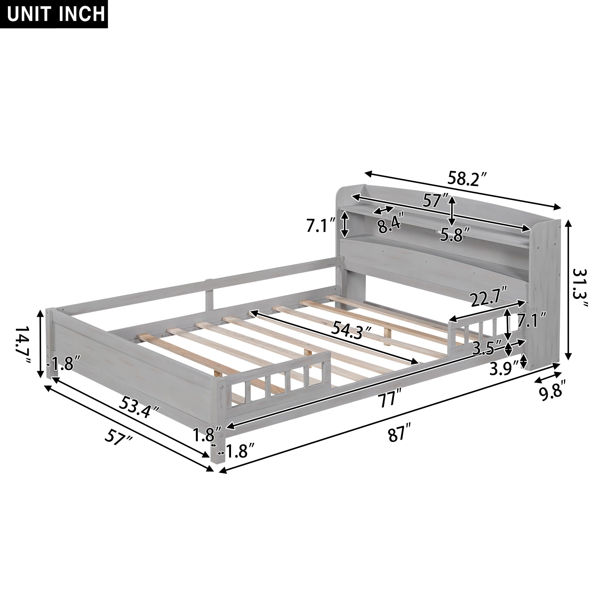 Fuhomtre Platform Bed with Storage Shelves,Built-in LED Light,No Box Spring Needed, Strong Frame and Wooden Slats Support,Easy Assembly