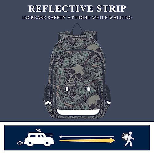 senya Backpack for Boys Girls, Vintage Money Skull Skeleton Backpack Students Bookbag Daypack for School Primary Teens