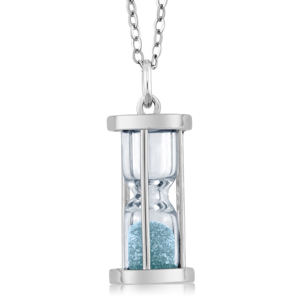 Gem Stone King 925 Sterling Silver Diamond & Gemstone Birthstone Dust Hourglass Necklace For Women With 18 Inch Silver Chain - Sky Blue