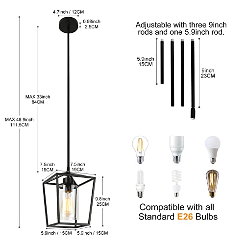 GZJunYo 1-Light Black Pendant Light Fixture Farmhouse Iron Cage Metal Pendant Light Lantern Hanging Light Fixtures with Clear Glass Shade for Kitchen Island, Entryway, Dining Room, Hallway